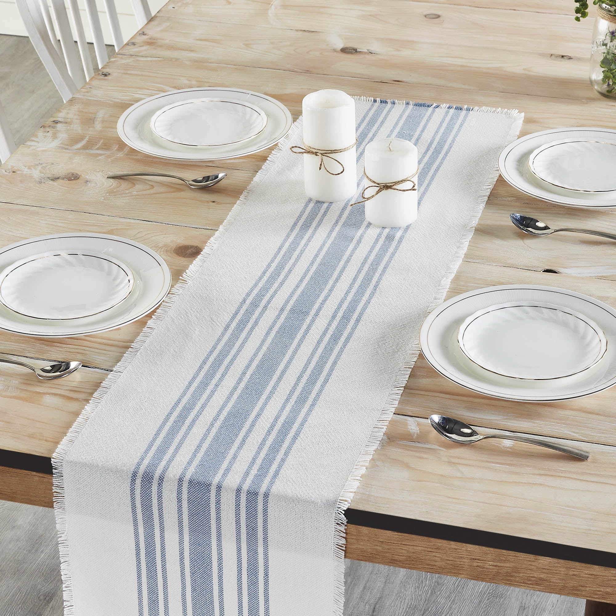 VHC Brands Antique White Stripe Farmhouse 12"x48" Table Runner Blue ...