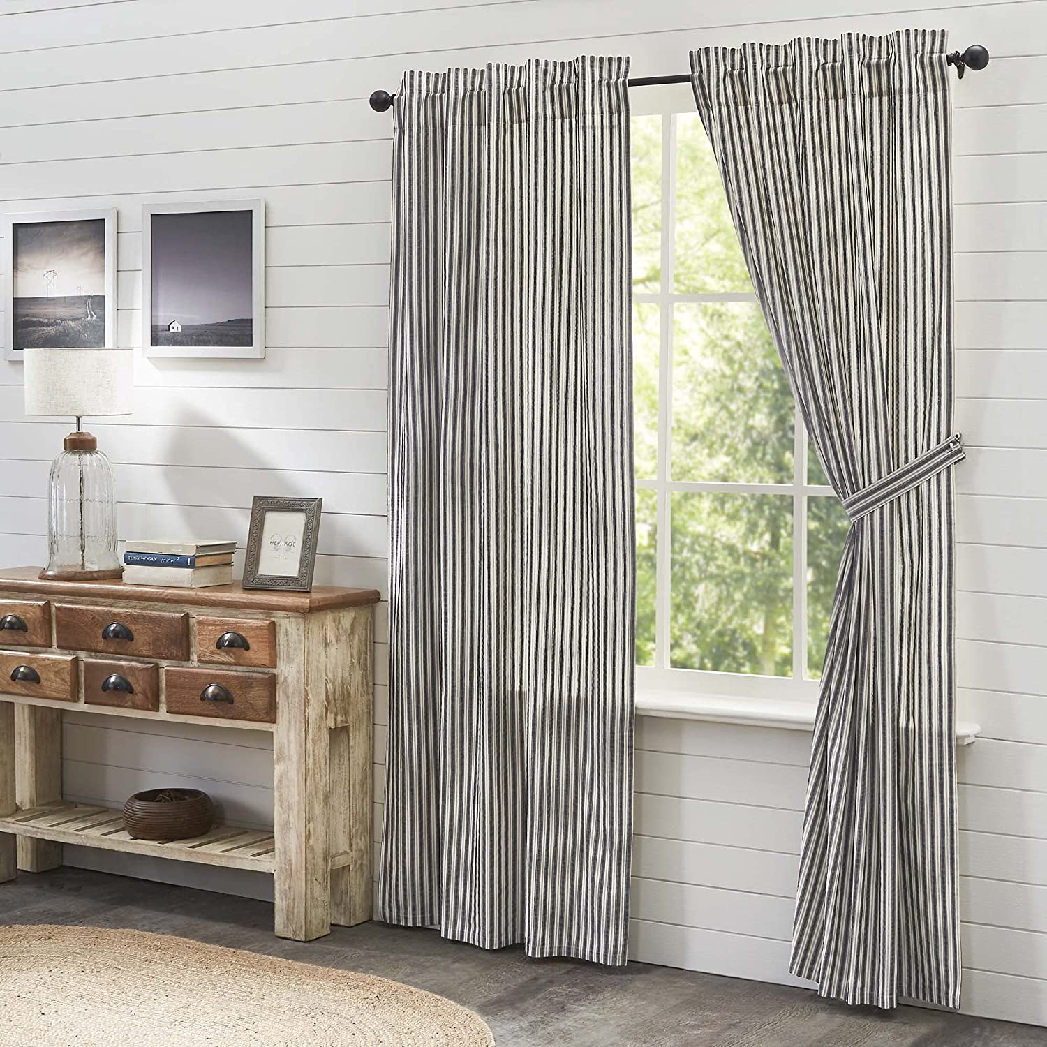 VHC Brands Ashmont Grey Ticking Stripe Country Farmhouse Panel Curtain ...