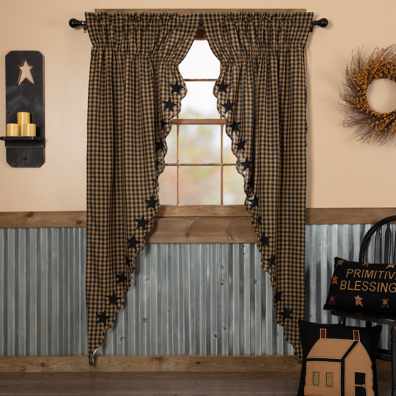 VHC Brands Bingham Star, Cotton, 36x36x16, Plaid Swag, Set of 2, Black ...