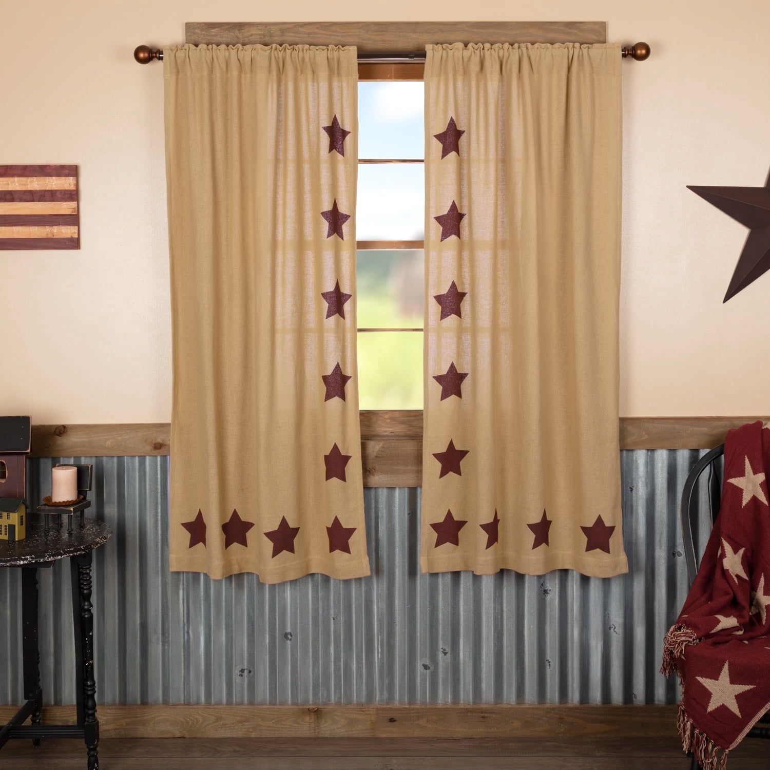 VHC Brands Burlap Natural with Burgundy Stars Primitive 63"x36" Panel ...