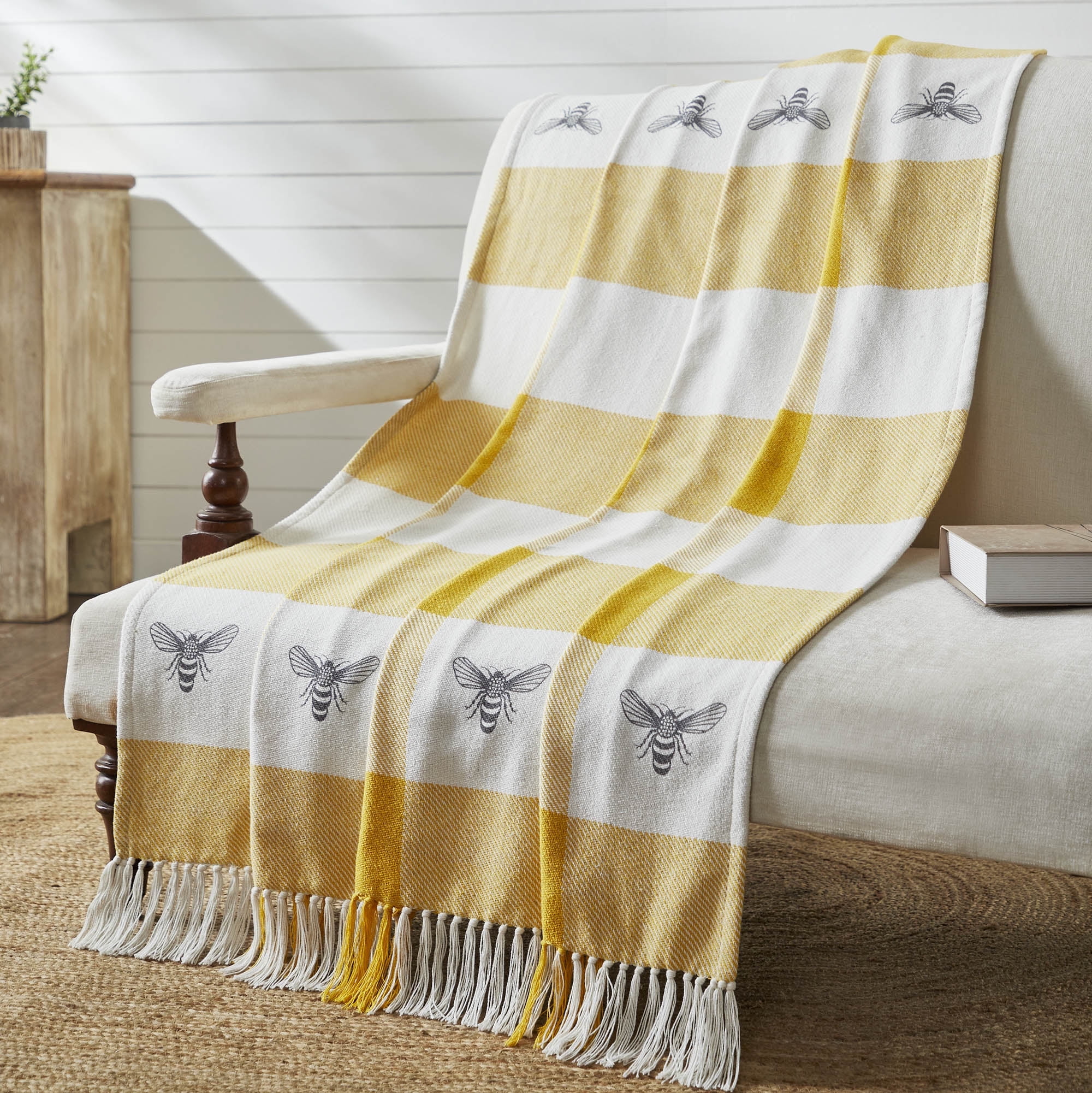 VHC Brands Buzzy Bees Woven Throw 50x60, Bedroom and Living Room Decor, Blanket, Cotton, Buzzy ...