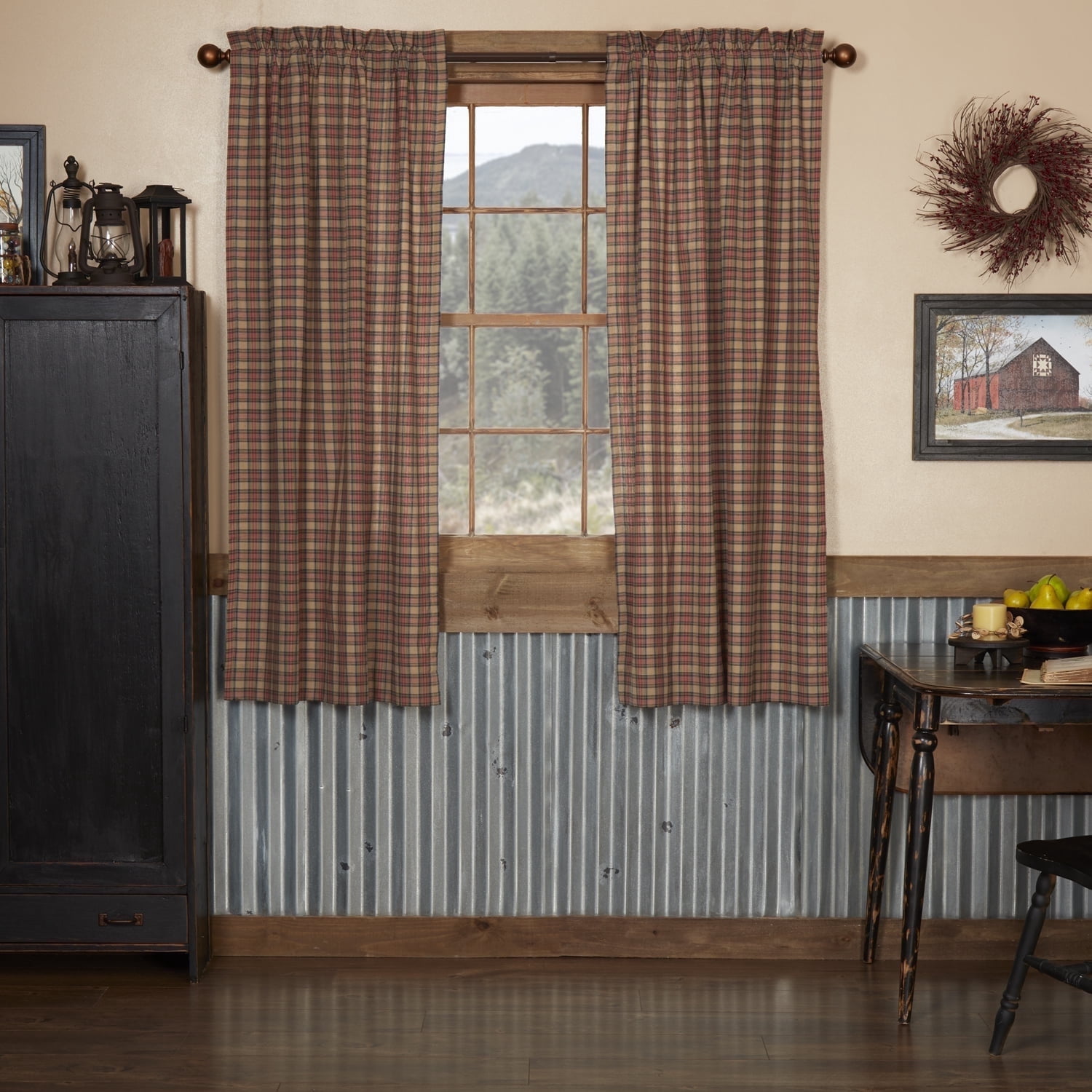 VHC Brands Farmhouse Window Sets, Crosswoods Plaid Cotton Curtains Rod ...