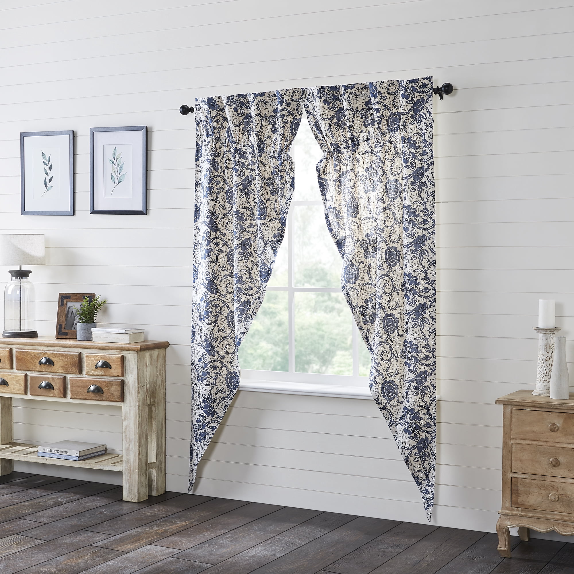 VHC Brands Dorset, Farmhouse Prairie Curtain Panels, Floral, Navy ...