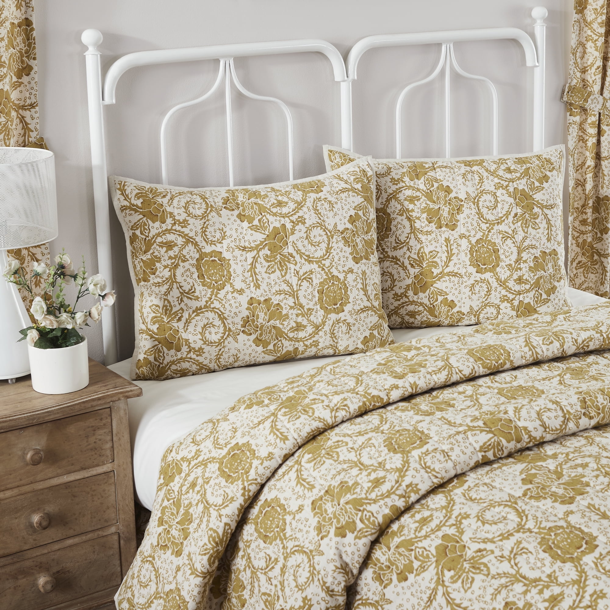 VHC Brands Vintage Dorset Gold Floral Standard Sham, Farmhouse Quilted ...