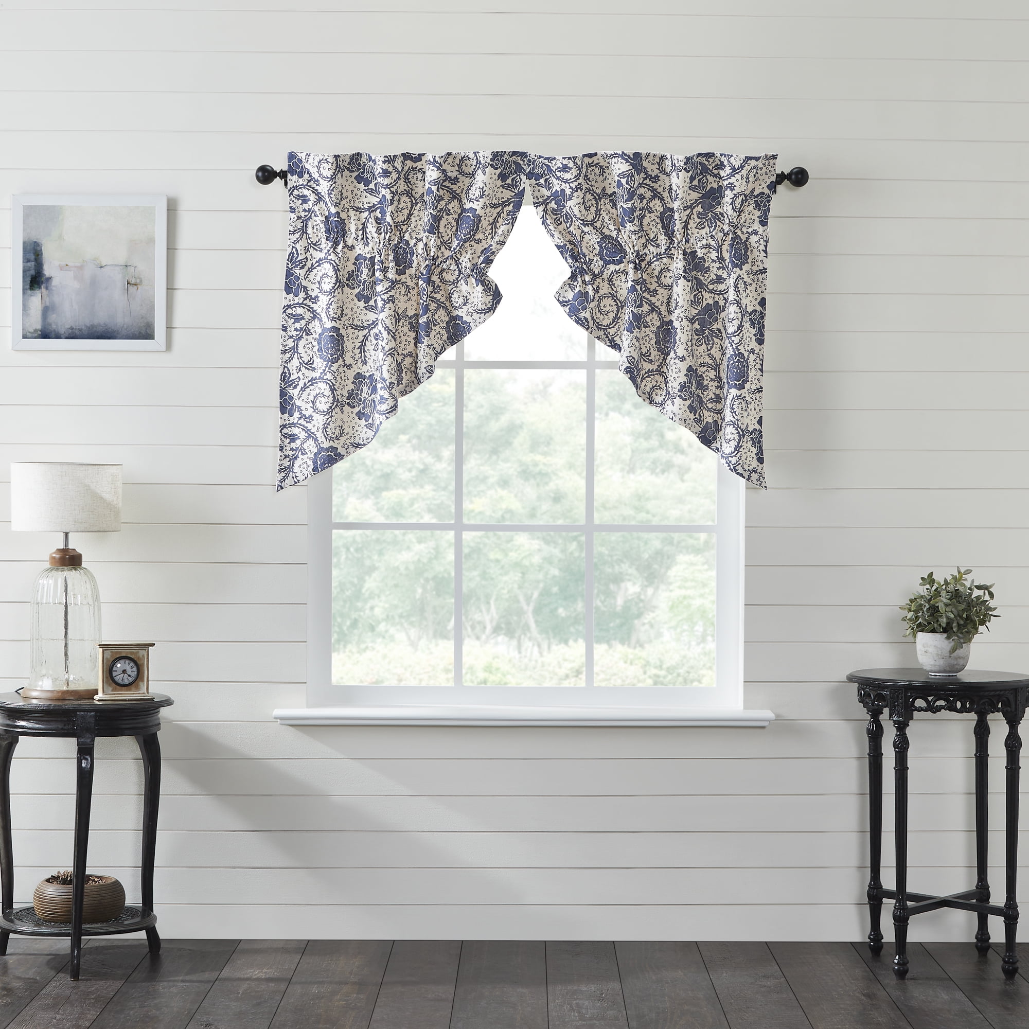 VHC Brands Dorset Prairie Swag Valance Curtain Panels, Floral, Navy ...