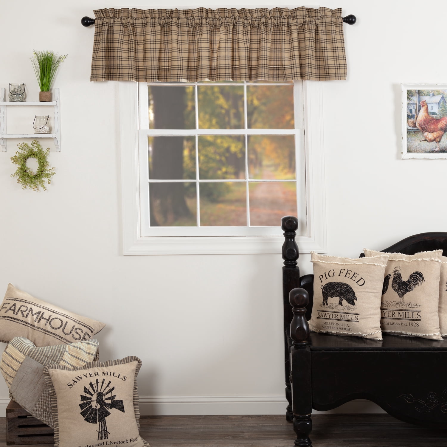VHC Brands Farmhouse Kitchen Window Curtains-Sawyer Mill Tan Valance ...
