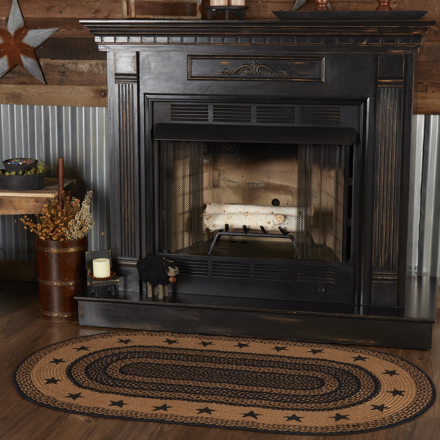 VHC Brands Farmhouse Primitive Black Jute Rug Oval Stencil Stars Border ...
