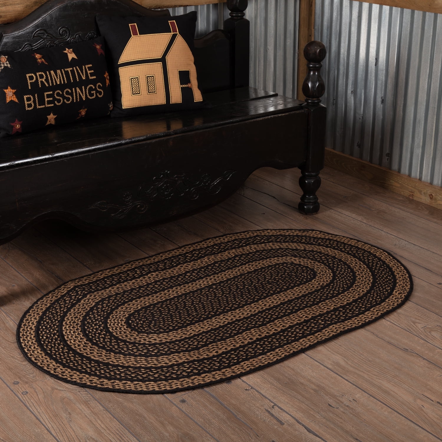 VHC Brands Braided Country Rustic Cotton & Jute Black Striped Oval Area ...