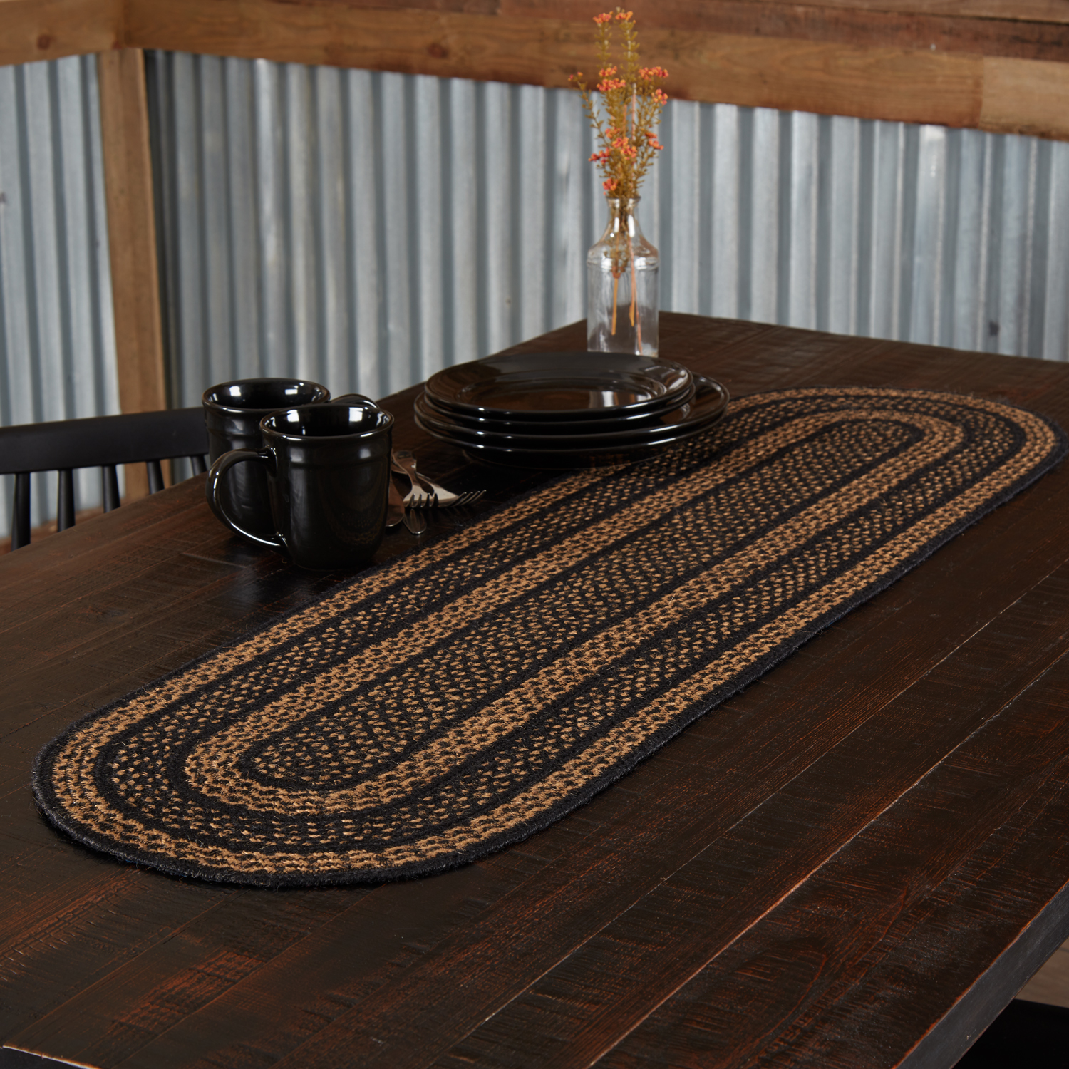 VHC Brands Farmhouse Primitive Jute Black Textured Striped Oval Table ...