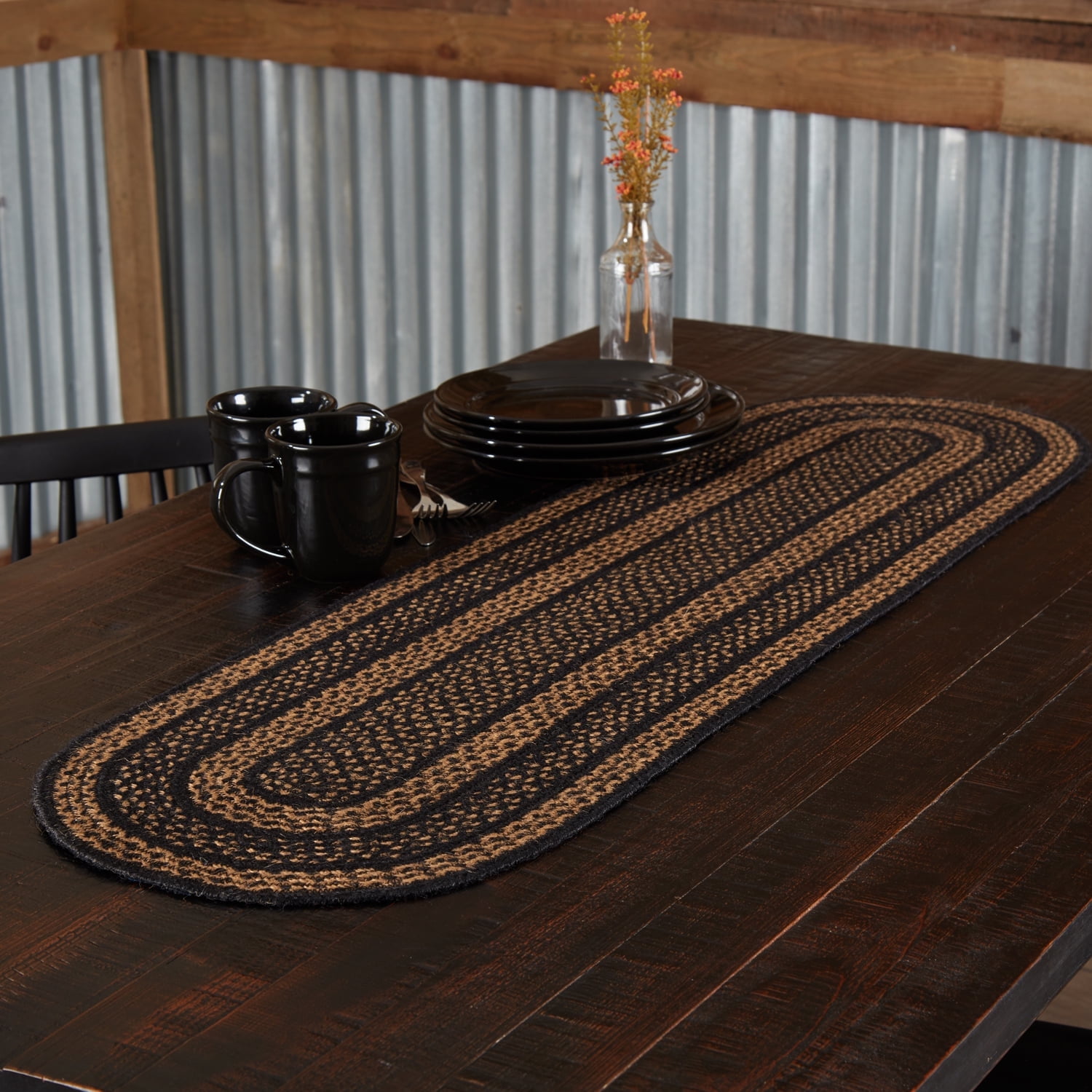 VHC Brands Woven Farmhouse Primitive Jute Black Striped Oval Table ...