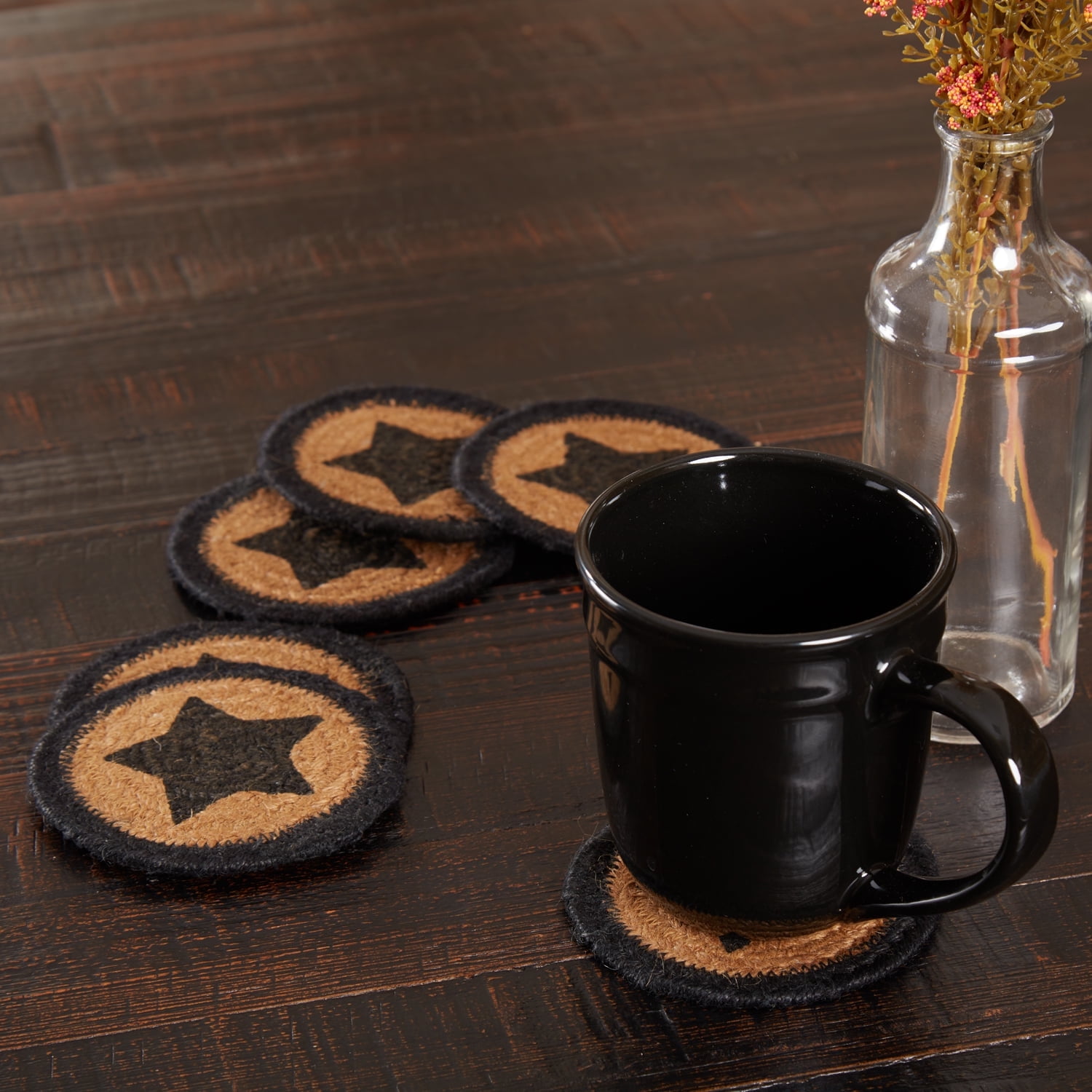 VHC Brands Farmhouse Jute Coaster Set, 4" Round, Black Stencil Star ...