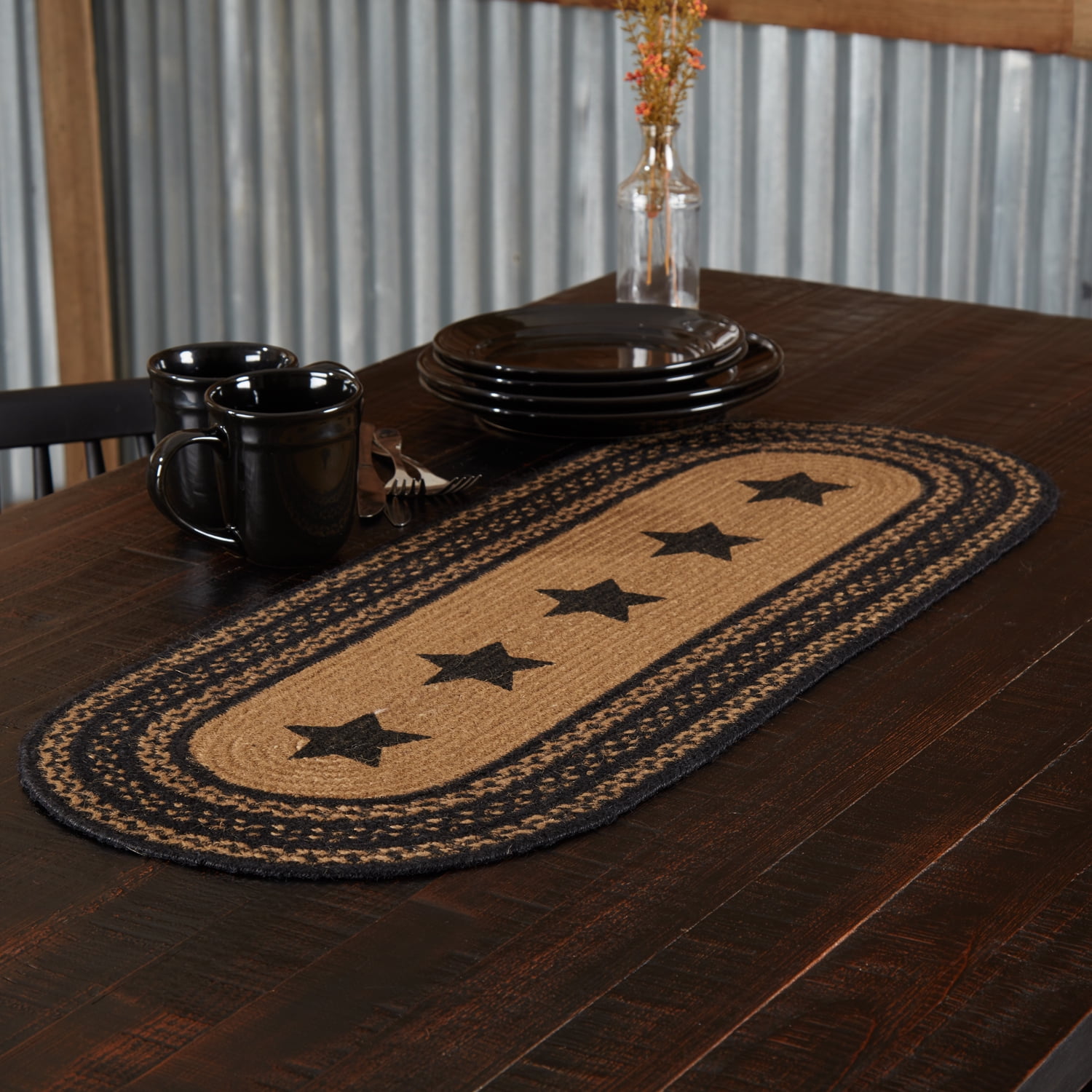 VHC Brands Farmhouse Primitive Jute Black Textured Table Runner w ...