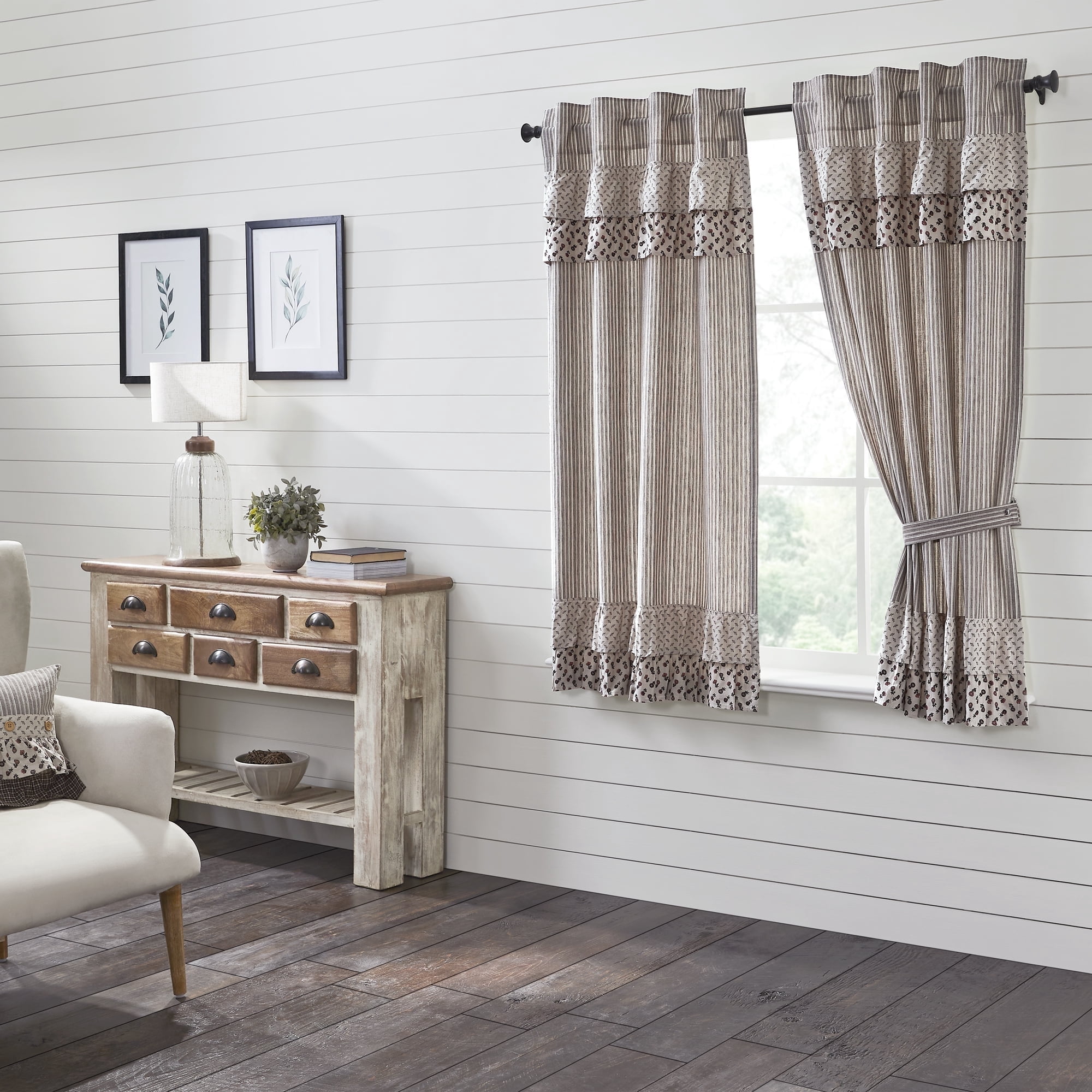 VHC Brands, Florette Ruffled Patchwork Short Curtain Panel, Brown ...