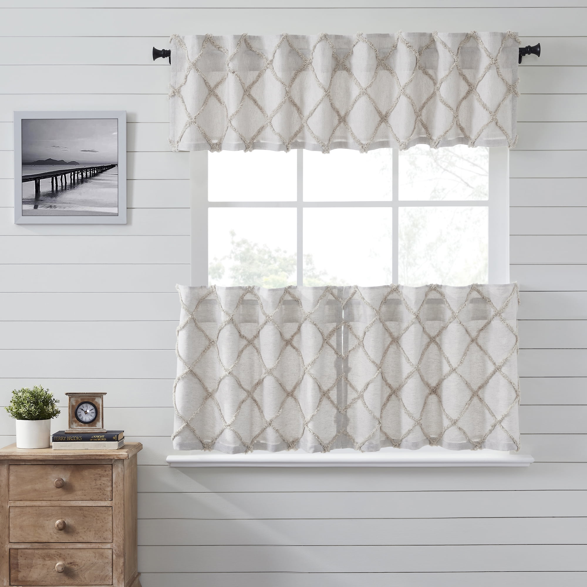 VHC Brands Frayed Lattice 3 PC Oatmeal Tan Curtain Set (1 Valance 16x72 ...