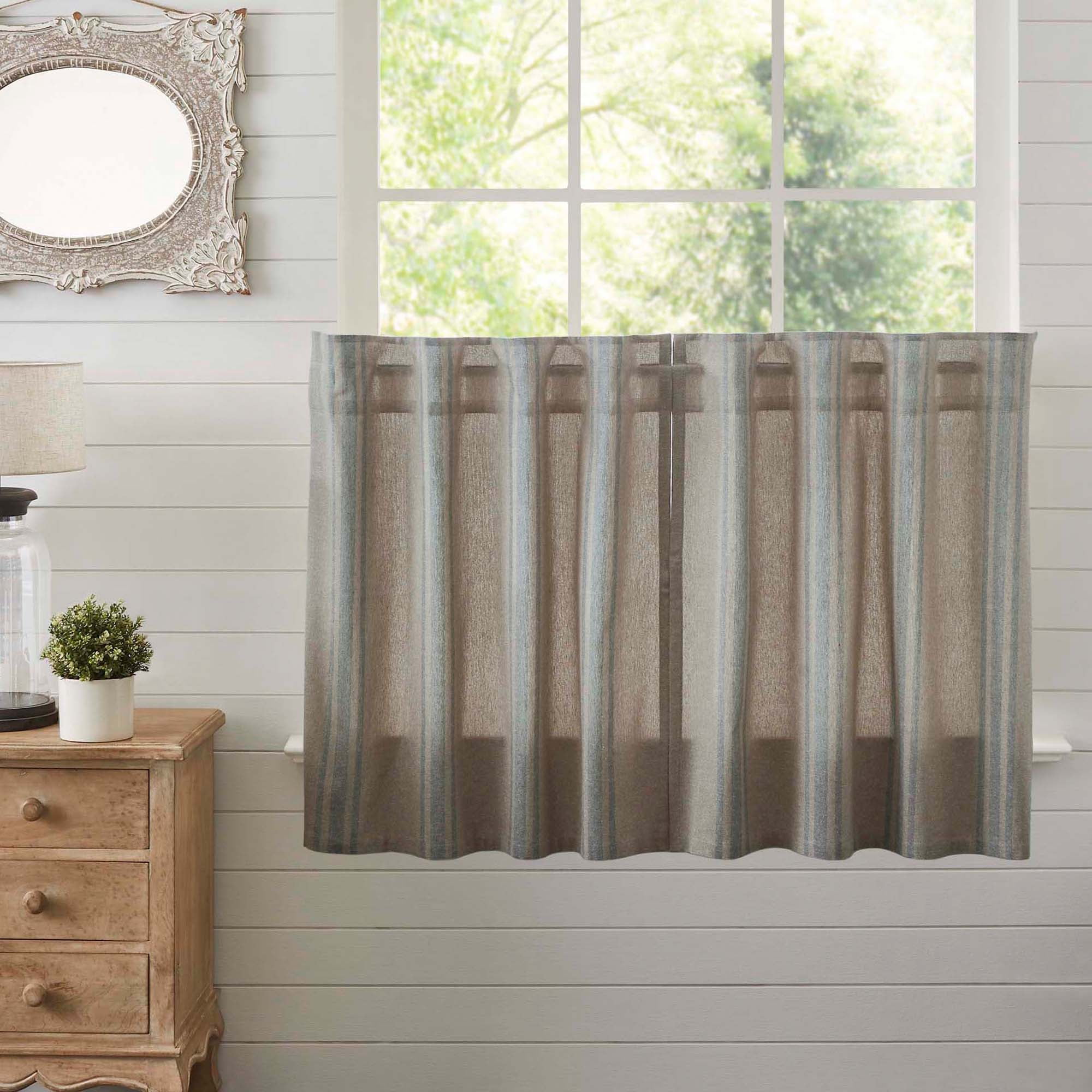 VHC Brands Grain Sack Blue Stripe Vintage Farmhouse Kitchen Curtain ...