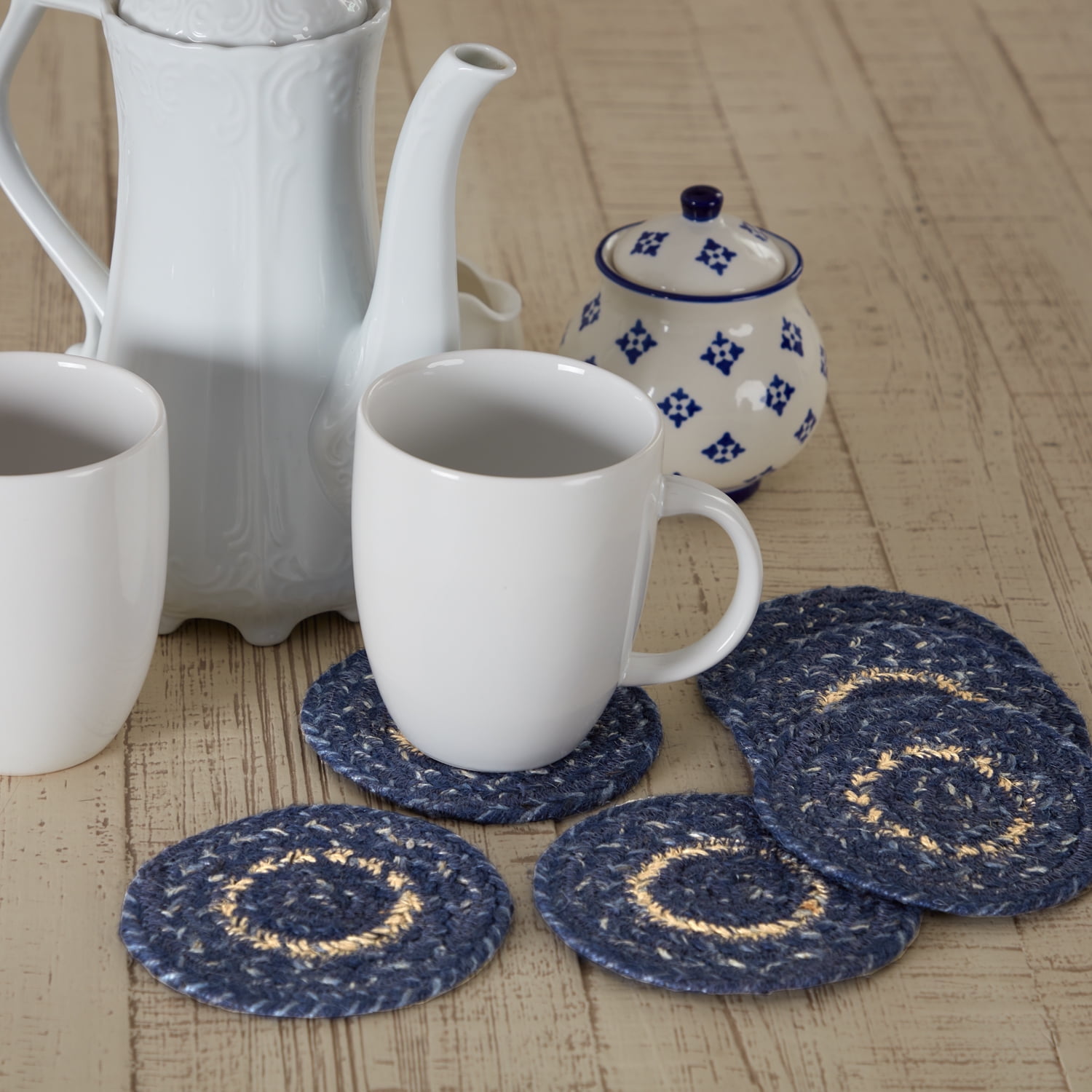 VHC Brands Great Falls Blue Coasters, Blue White, Jute Blend, Round ...