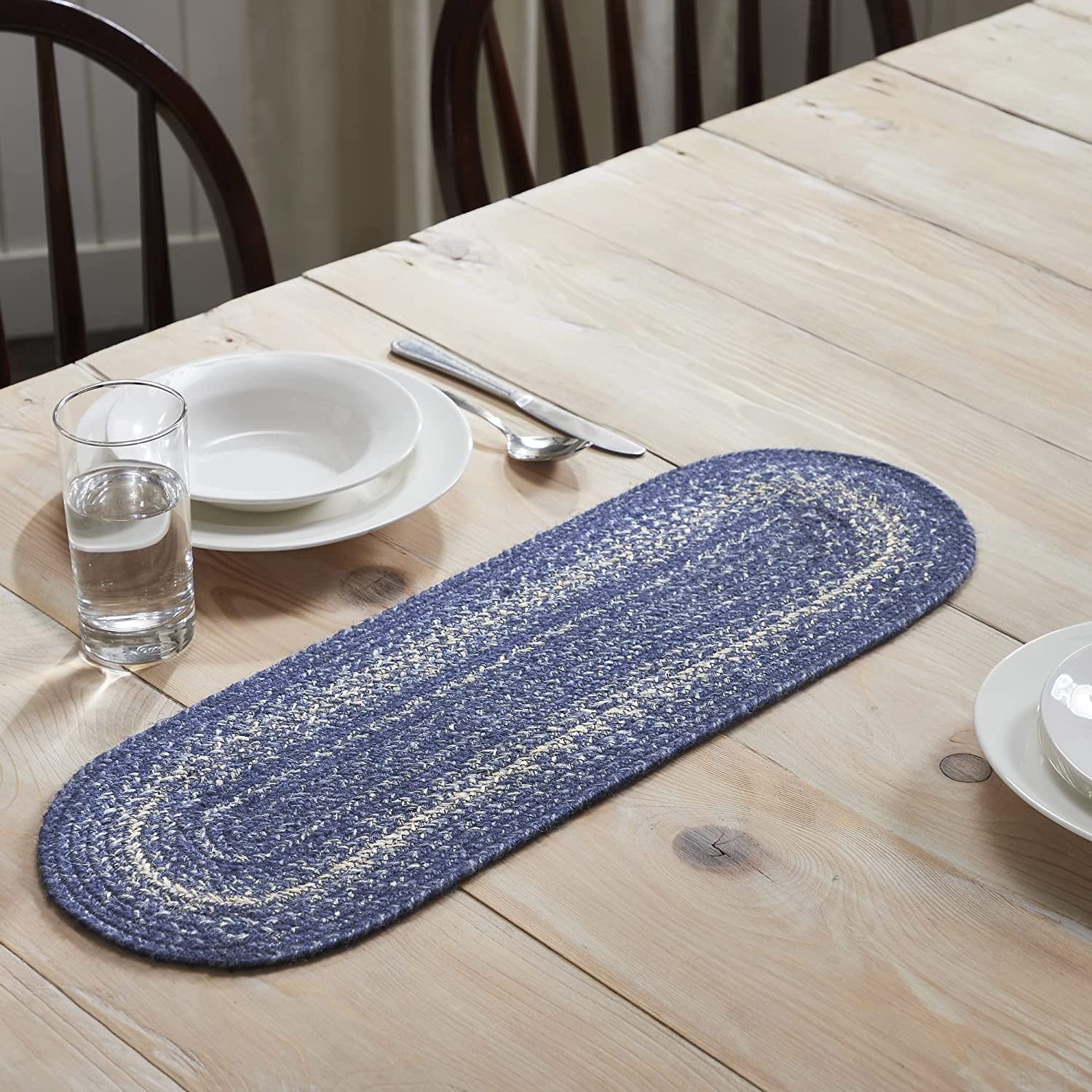 VHC Brands Great Falls, Braided Jute Table Runner, Oval, Blue, 8x25 ...