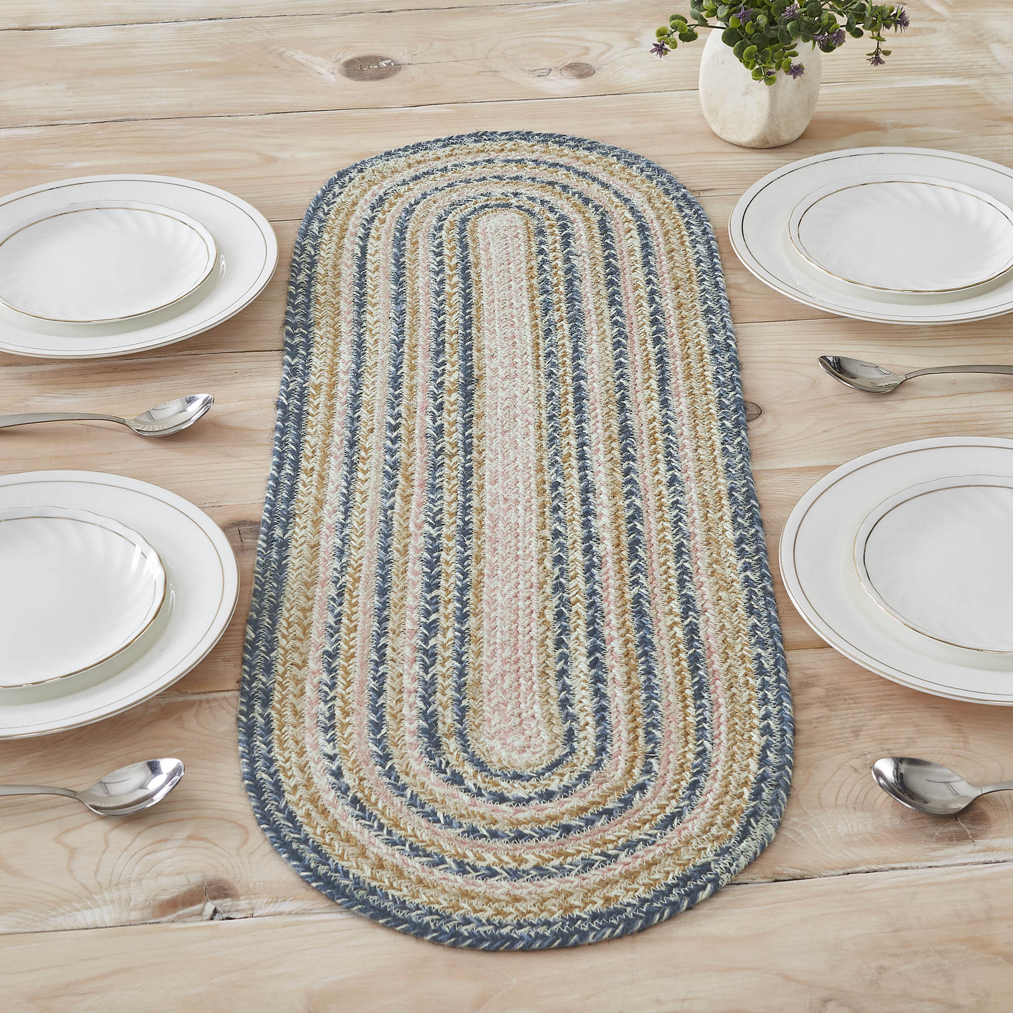 VHC Brands Kaila Farmhouse 12 x36 Table Runner Blue Textured Jute Wool VHC Brands Kaila Farmhouse 12 x36 Table Runner Blue Textured Jute Wool