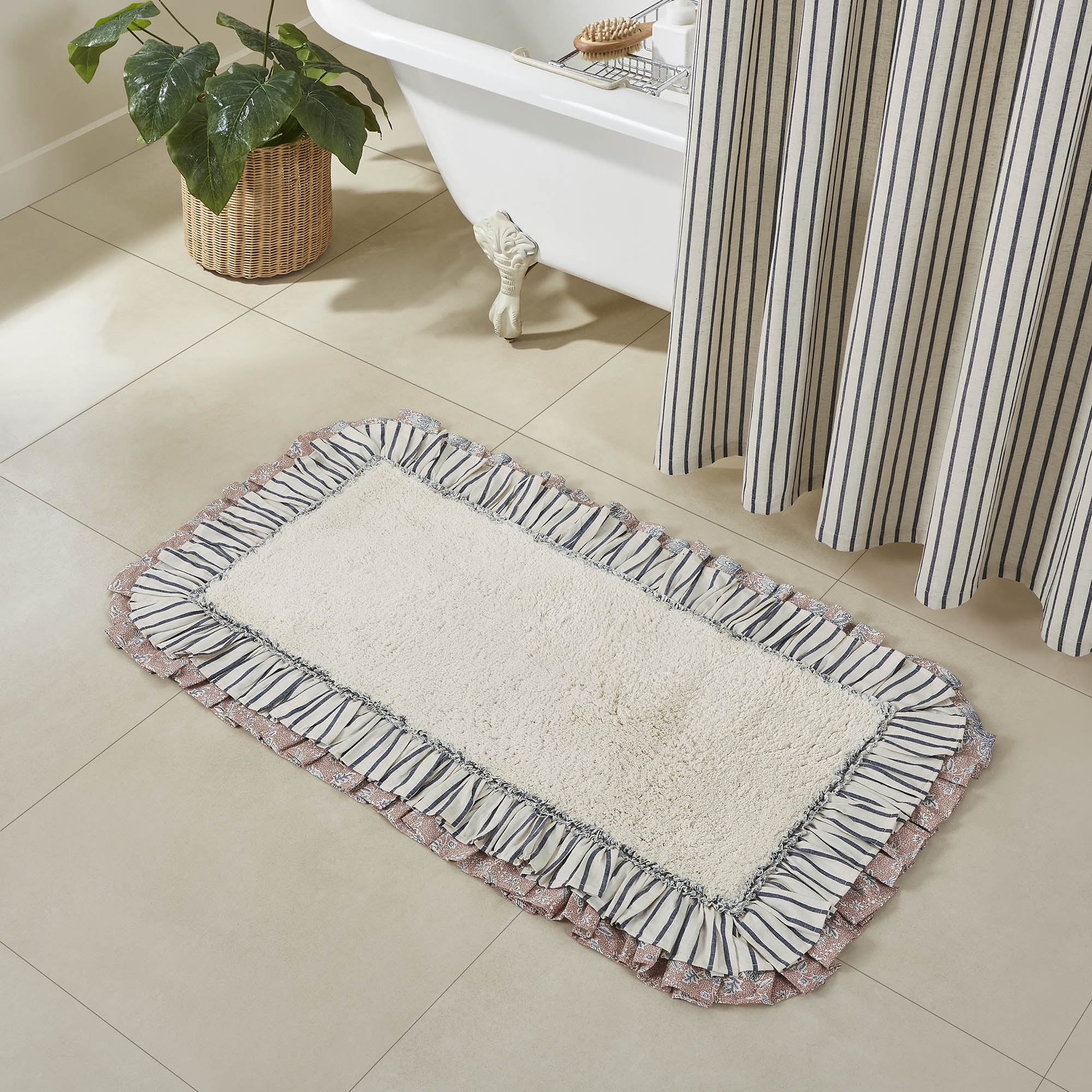 VHC Brands Kaila Farmhouse 27"x48" Bathmat Creme Ruched Ruffle Cotton ...