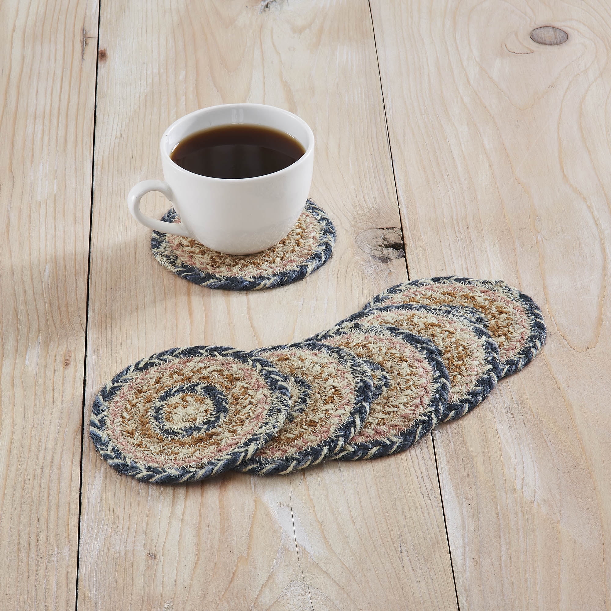 VHC Brands Kaila Farmhouse Coaster Set of 6 Blue Textured Jute/Wool ...