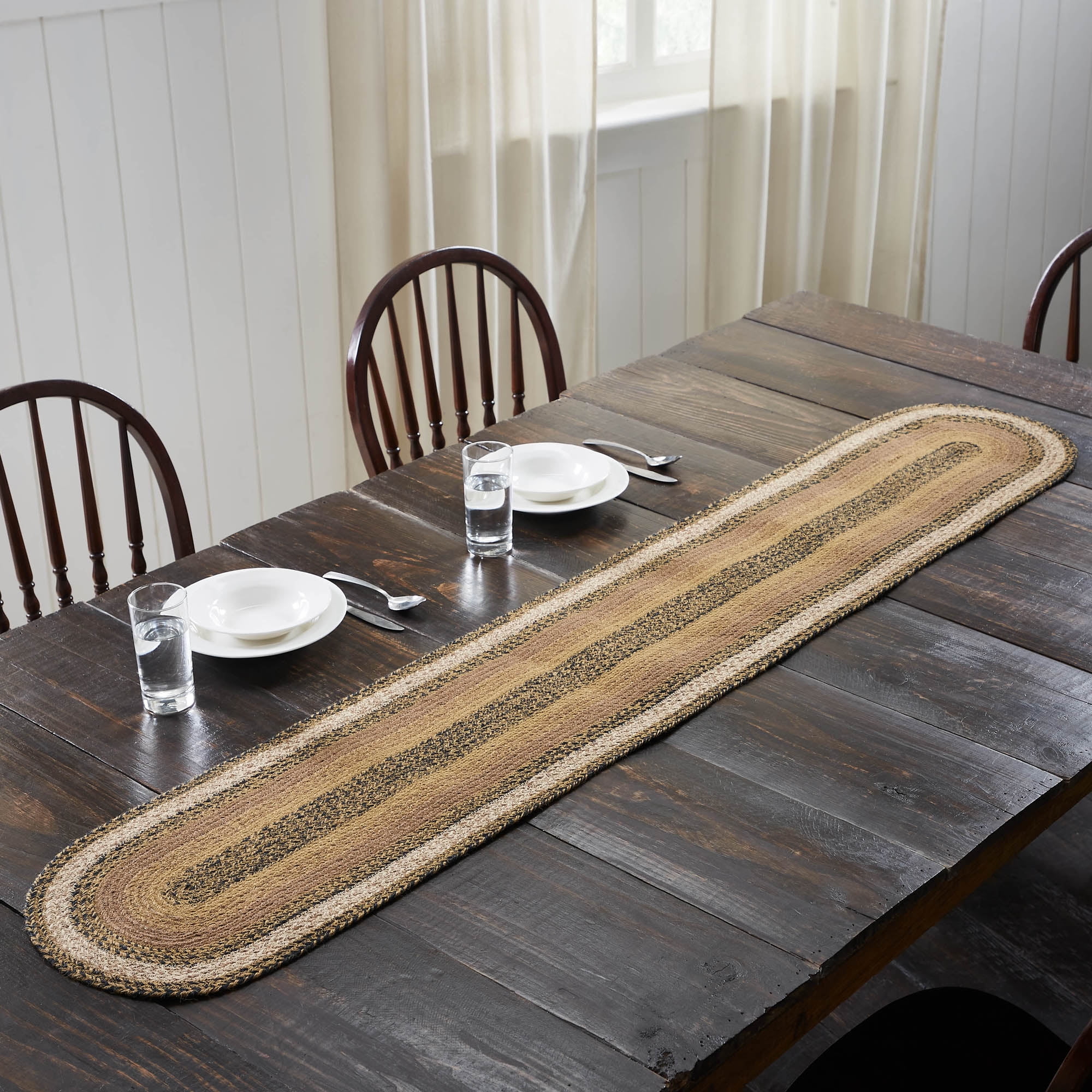 VHC Brands Kettle Grove, Braided Jute Table Runner, Oval, Tan & Black ...