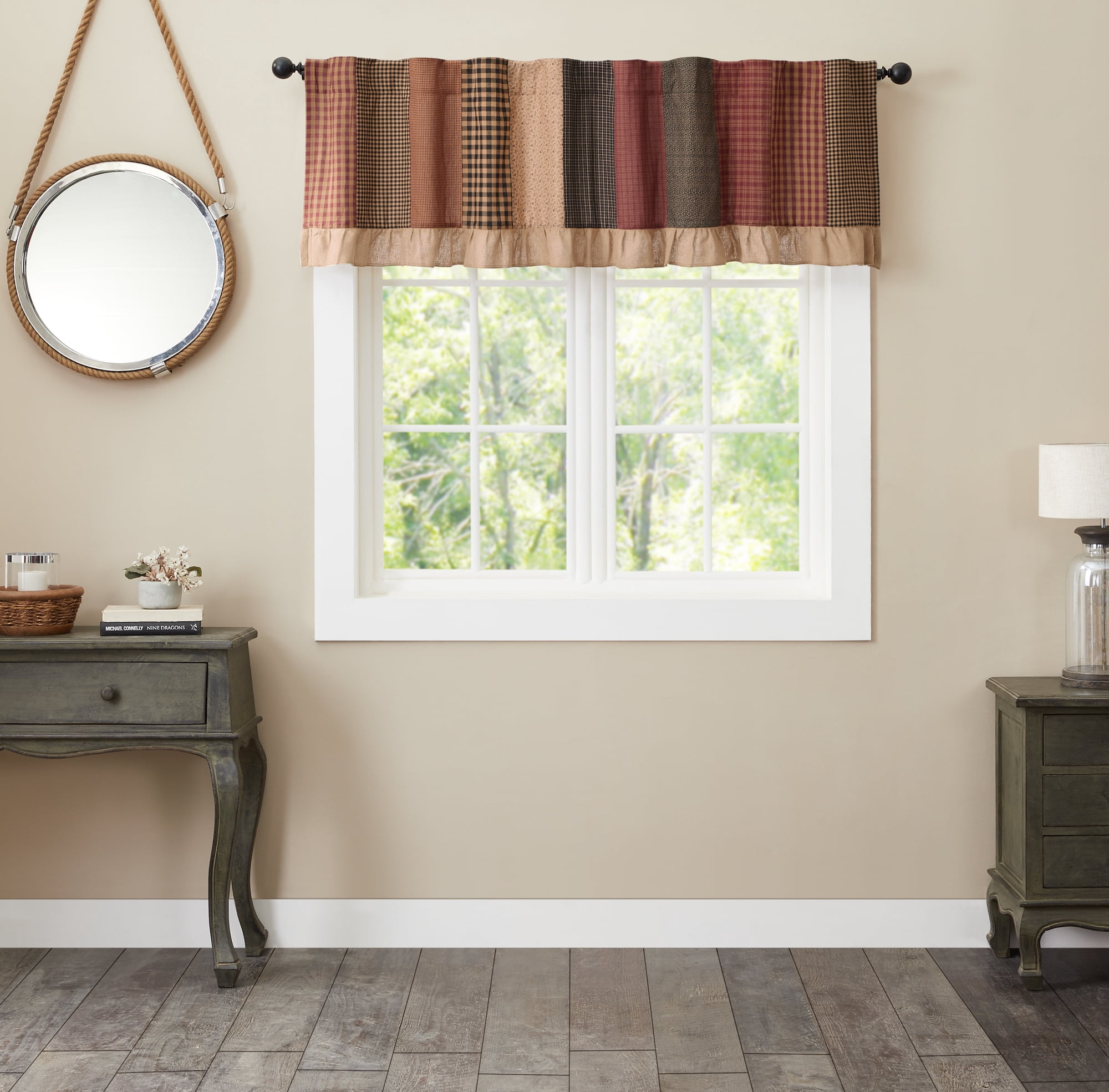 VHC Brands Maisie Primitive Country Kitchen Curtain, Red Patchwork ...