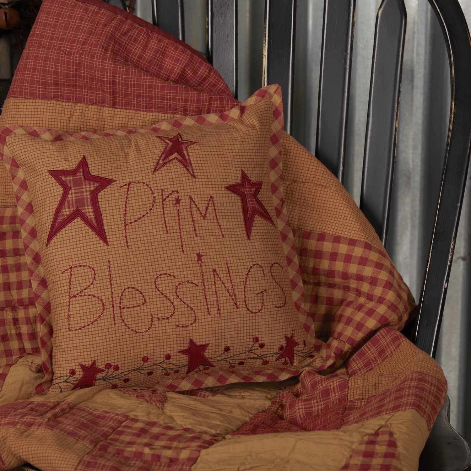 VHC Brands Ninepatch Star Prim Blessings Pillow 12x12 Country Bedding Accessory, Burgundy ...