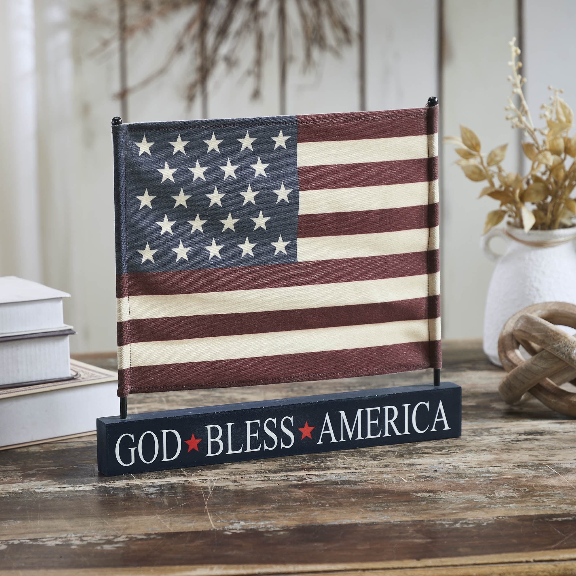 VHC Brands Patriotic Canvas American Flag on Blue Base 12x14x1 ...