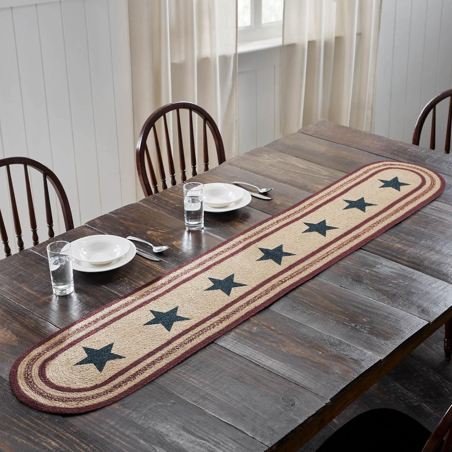 VHC Brands Potomac, Braided Jute Table Runner, Oval, Stars, Red Tan ...
