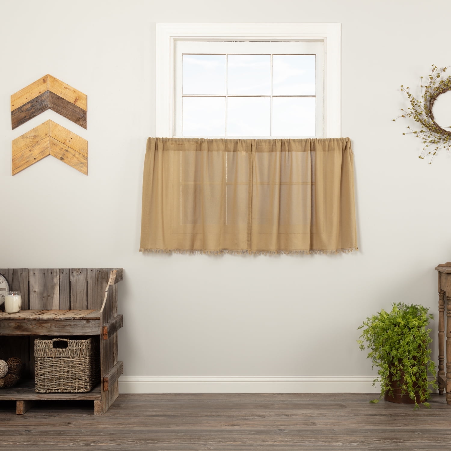 VHC Brands Primitive Kitchen Curtains, Tobacco Cloth Fringed Tier Pair ...