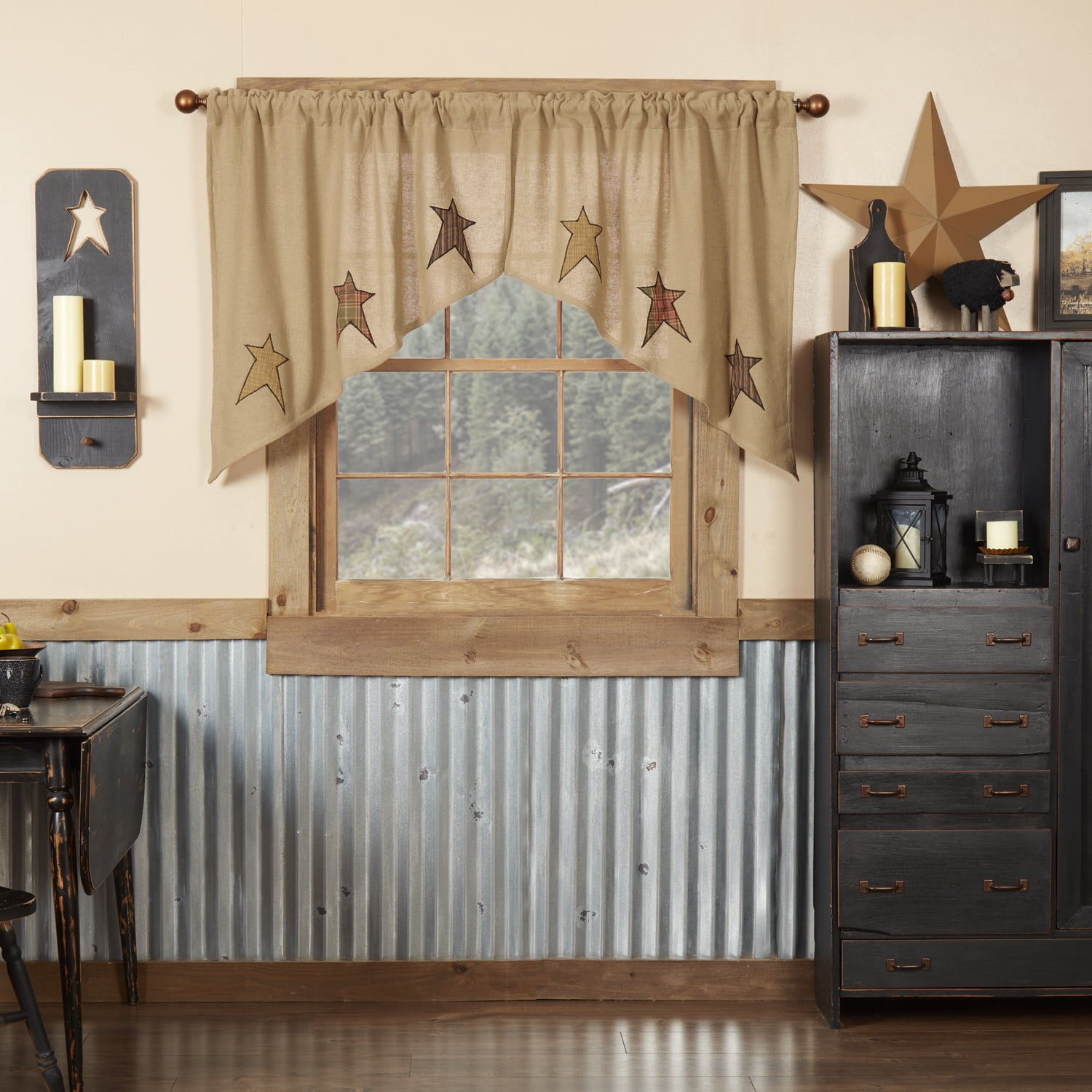 VHC Brands Stratton Primitive 36"x36"x16" Burlap Star Swag Pair Tan Rod ...