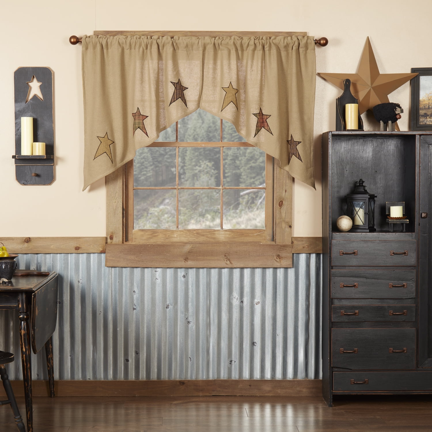 VHC Brands Stratton Primitive 36"x36"x16" Burlap Star Swag Pair Tan Rod ...