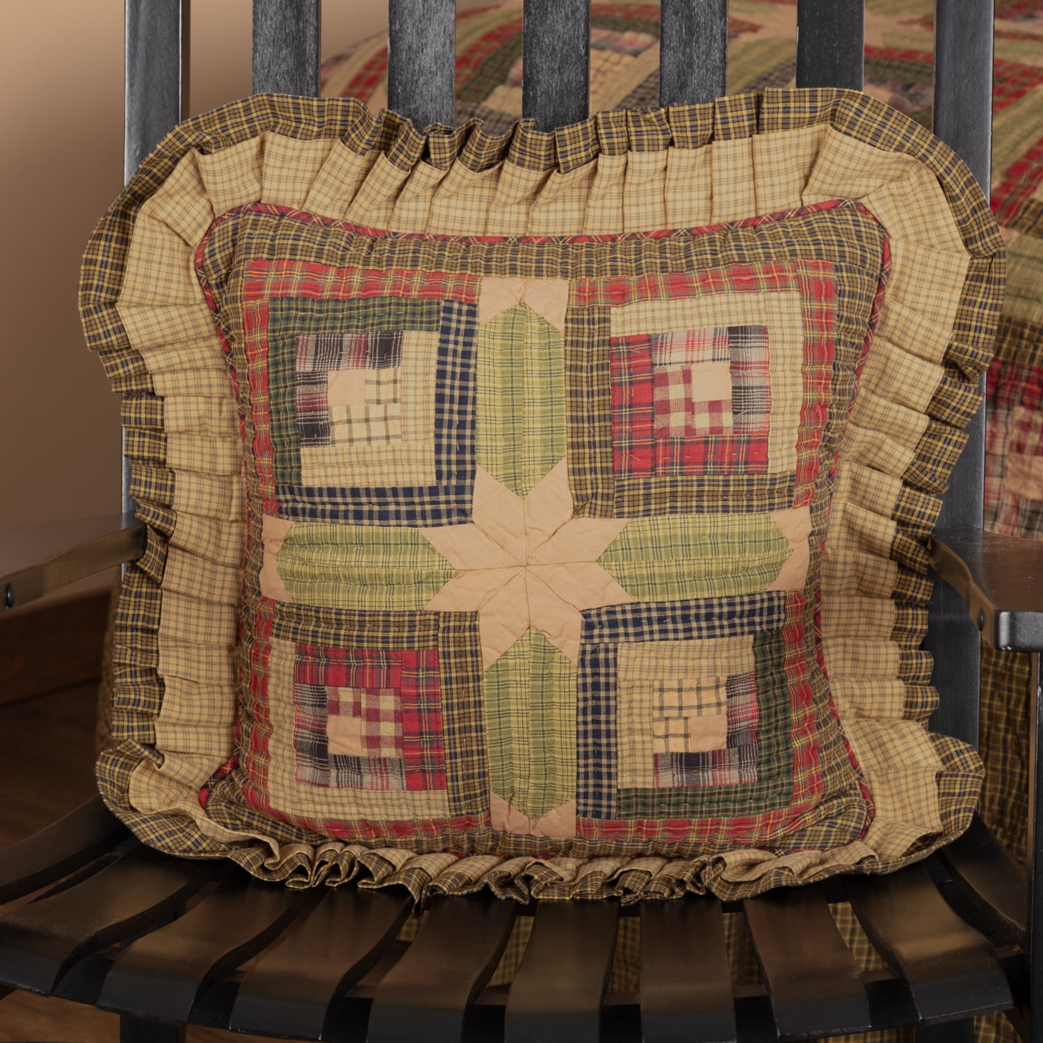 VHC Brands Tea Cabin Rustic 16"x16" Pillow Green Patchwork Cotton Hand ...