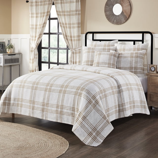VHC Brands Woven Plaid Modern Farmhouse Coverlet, Wheat, King 97x110 ...