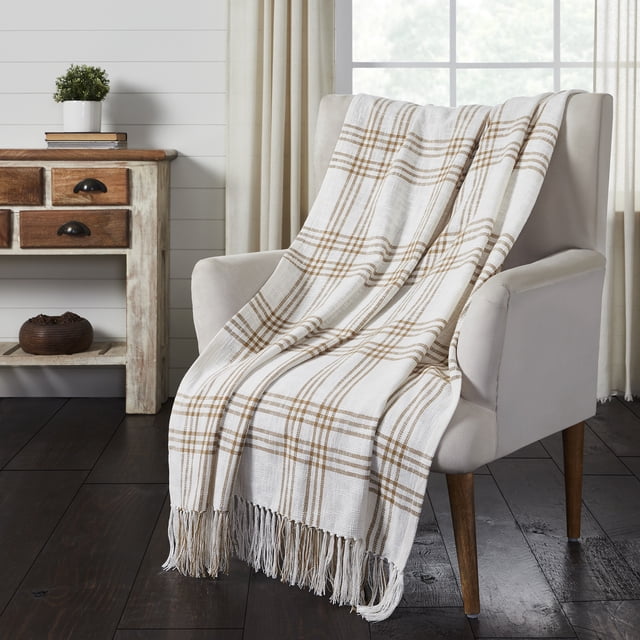 VHC Brands Woven Plaid Modern Farmhouse Throw Blanket, Wheat, 60x50 ...