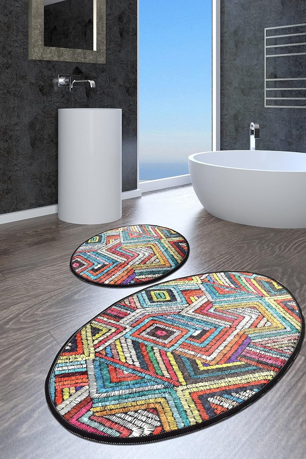 VHD Colorful 2 Pieces Non-Slip Bathroom Rug Set – Machine-Washable Bath Mats, Digital, Water ...