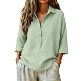VHXWUGN Cotton Linen Tops for Women Summer 3/4 Sleeve V Neck Shirt ...