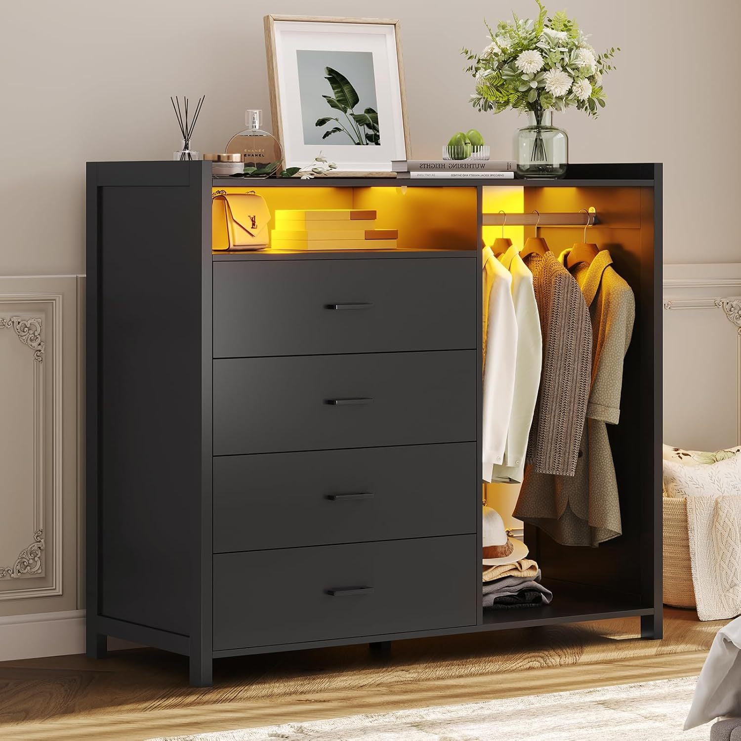 VIAGDO Dresser for Bedroom with Clothes Rail, Chest of 4 Drawers with ...