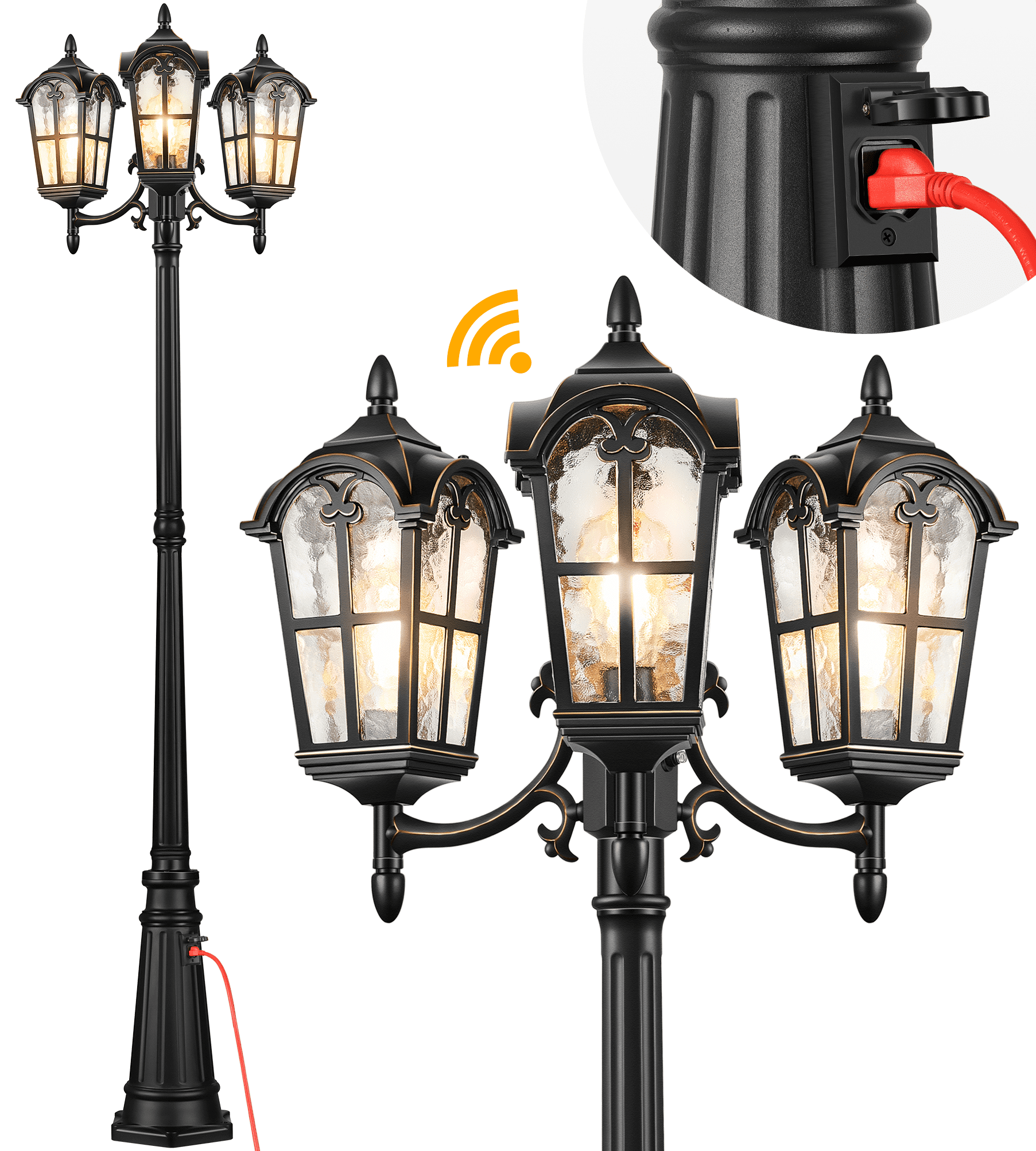 VIANIS 3-Head Outdoor Lamp Post Light Fixture with Outlet, Black Dusk ...
