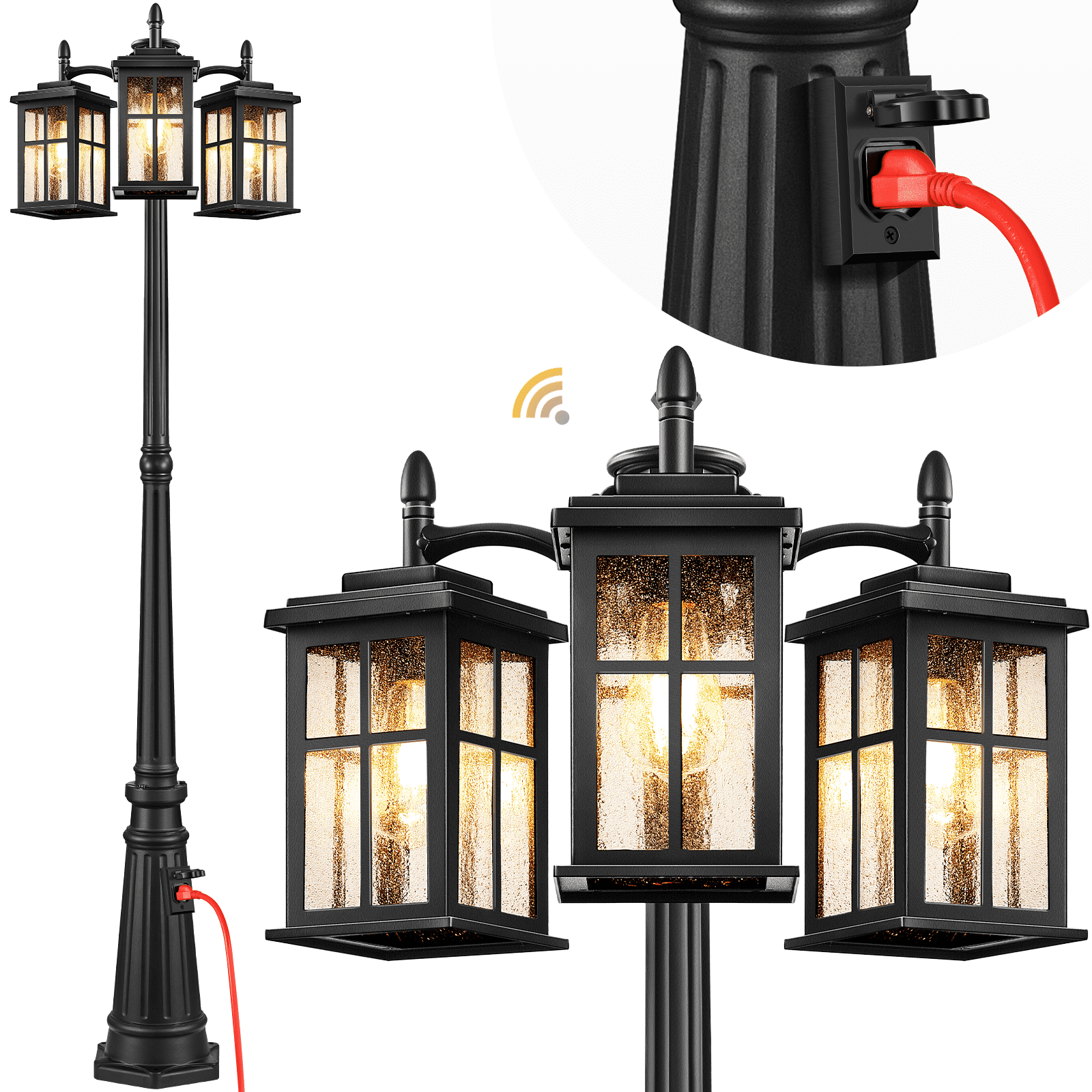 VIANIS 3-Head Outdoor Lamp Post Light with Outlet, Black Dusk to Dawn ...