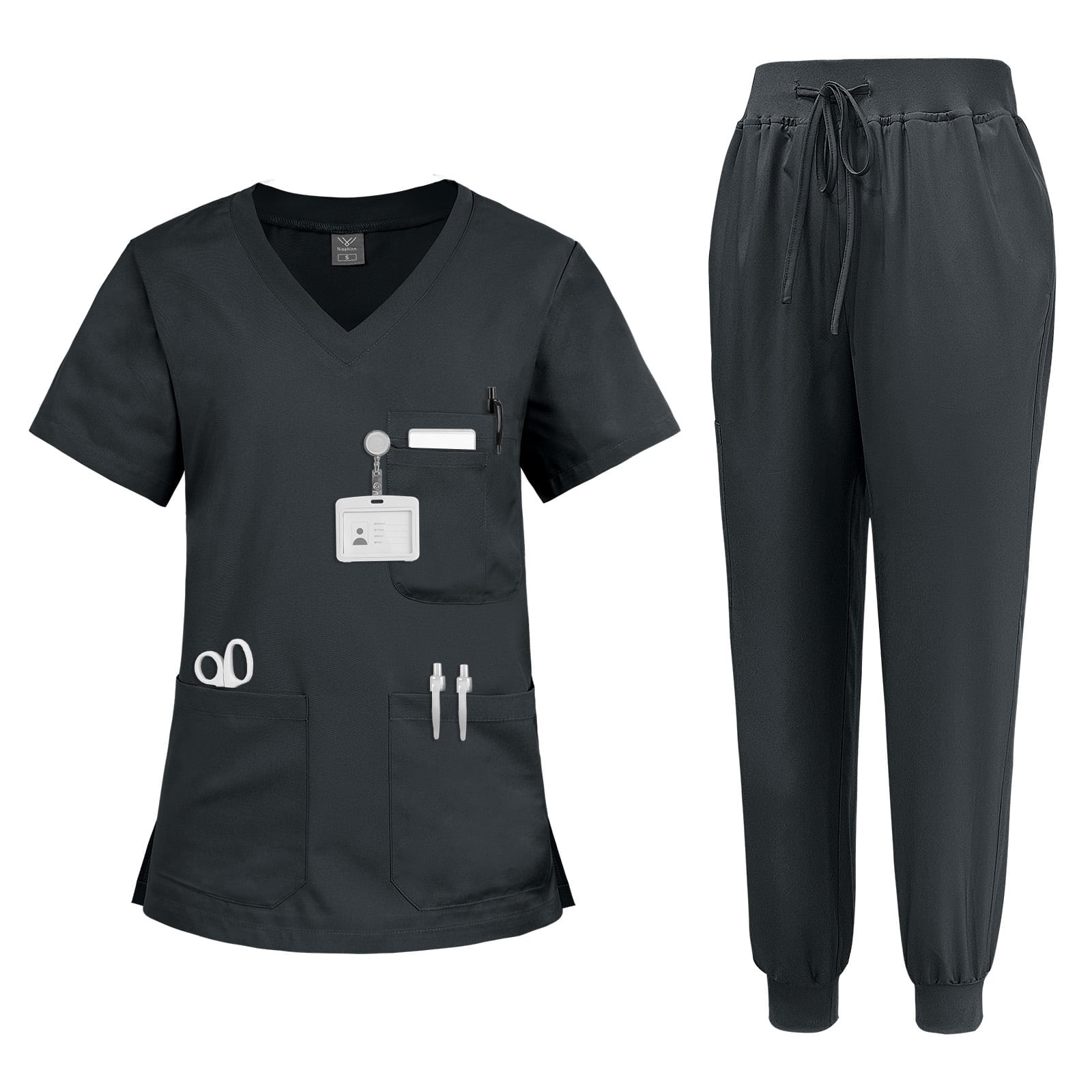 VIAOLI Women's Scrubs Set - V-Neck Top & Drawstring Jogger Scrub Pant ...