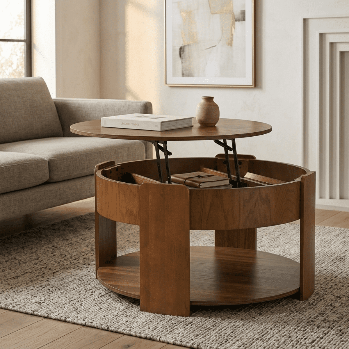 VIBE HAUS Farmhouse Round Lift Top Coffee Table with Hidden Storage ...