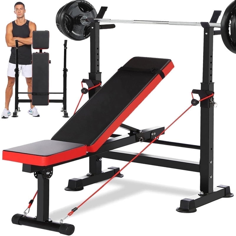 VIBESPARK Adjustable 4-In-1 Weight Bench, 600lbs Foldable Workout Bench Set with Barbell Rack ...