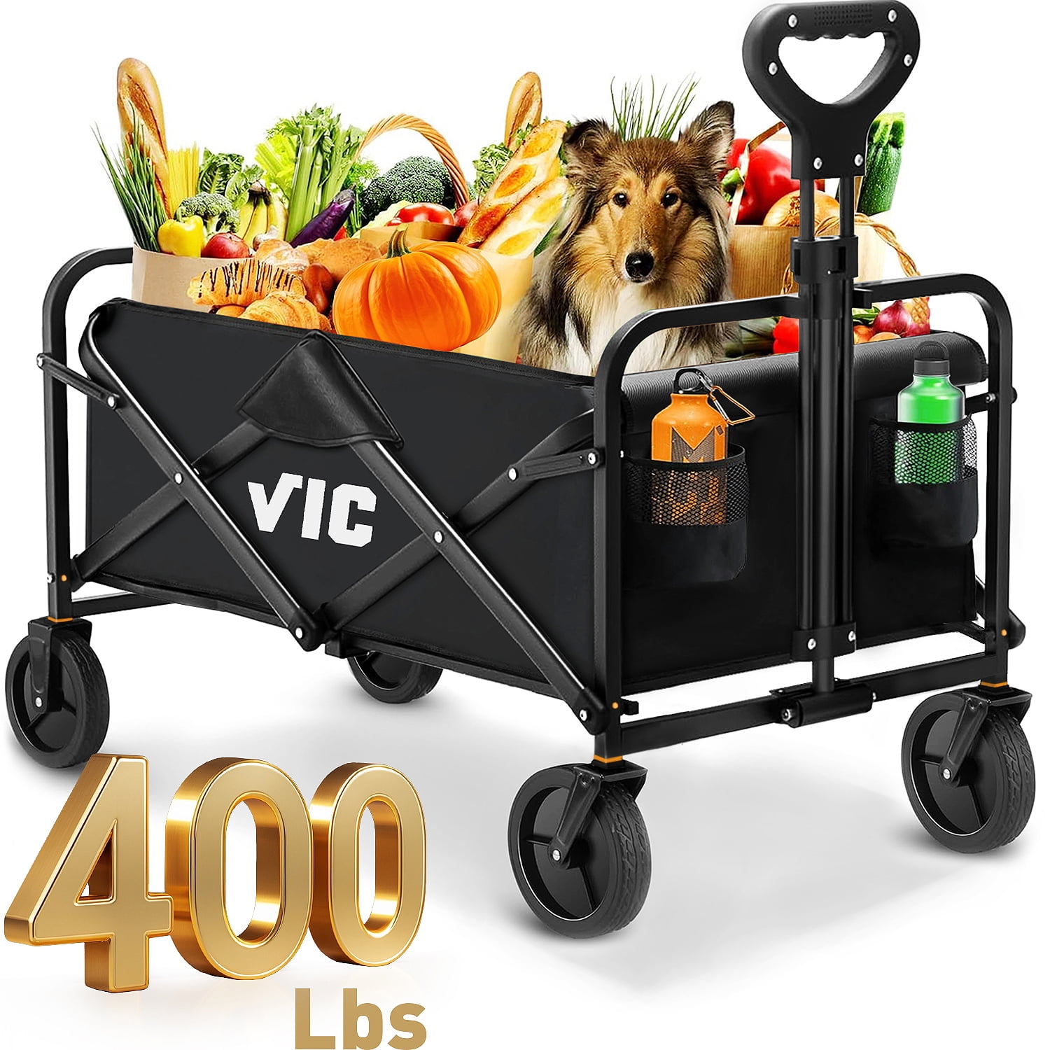 VIC Collapsible Folding Wagon, Beach Wagon Cart Heavy Duty 400LBs ...