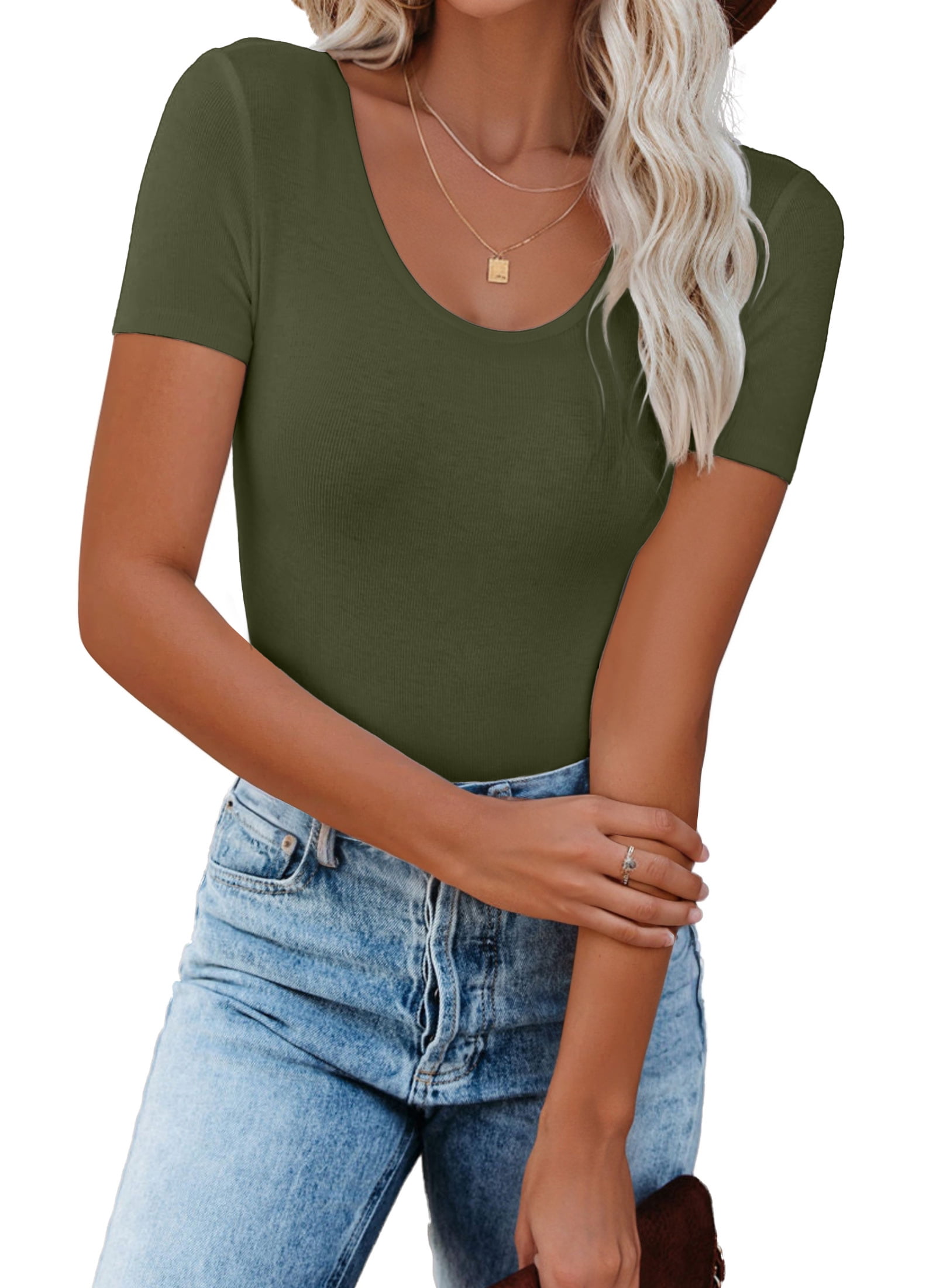 VICHVVY Summer Women's Scoop Neck Short Sleeve Shirts Ribbed Slim Fitted Casual Basic Top ...