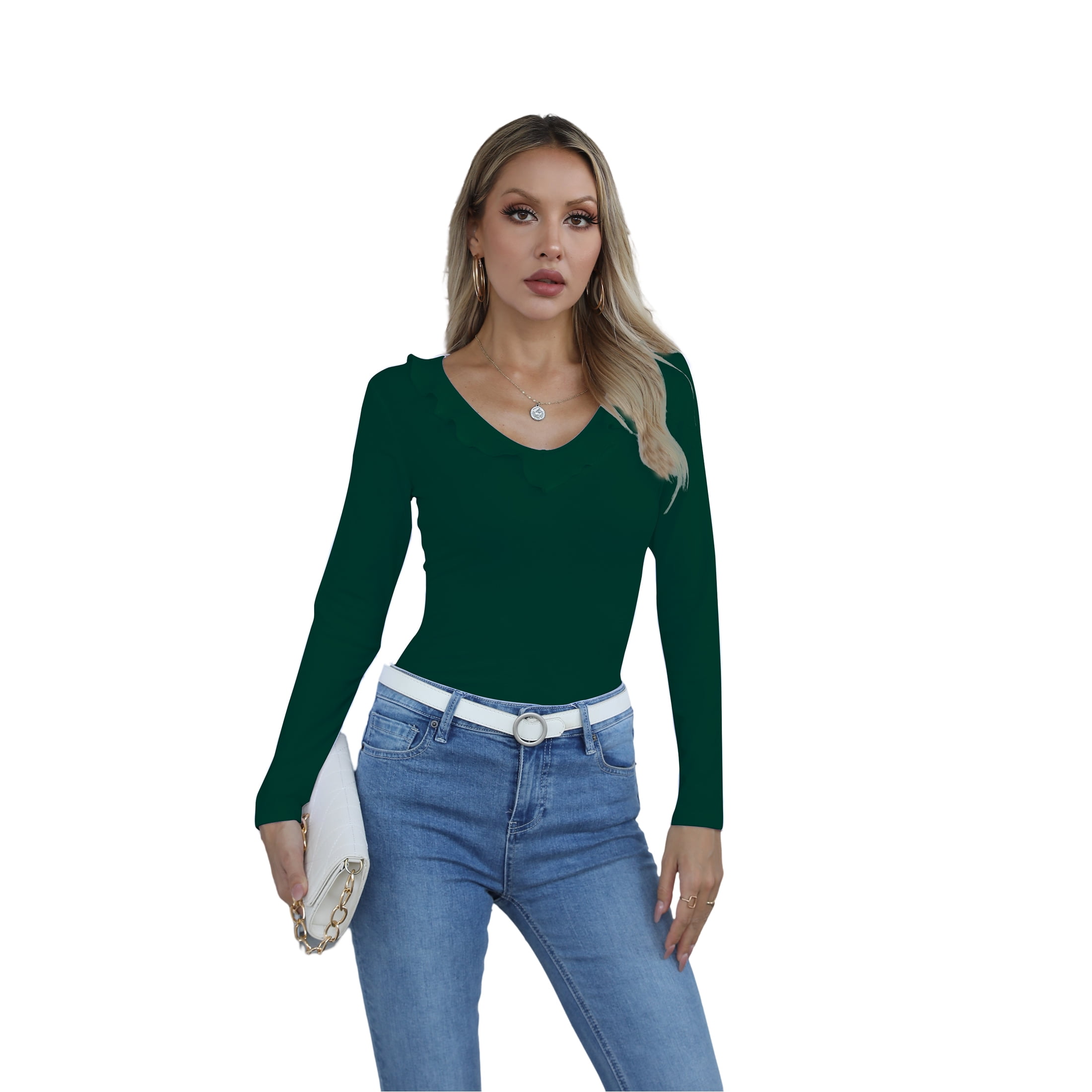 VICHVVY Womens Long Sleeve Shirts V Neck Ruffle Hem Slim Fitted Ribbed ...