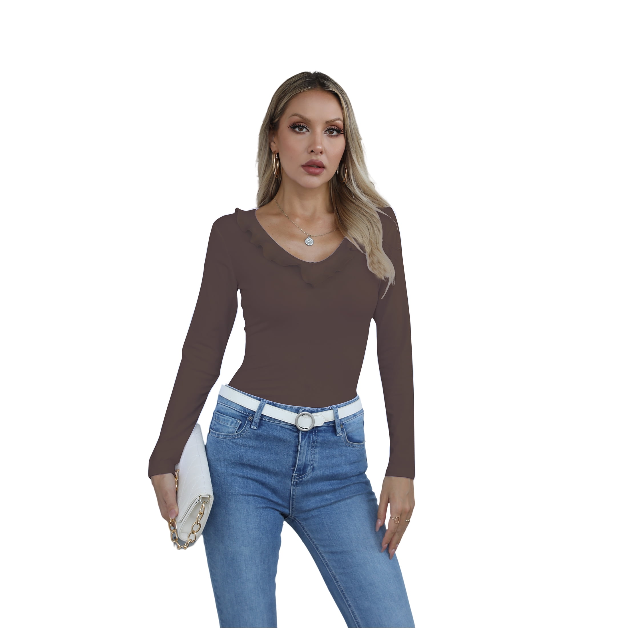 VICHVVY Womens Long Sleeve Shirts V Neck Ruffle Hem Slim Fitted Ribbed ...