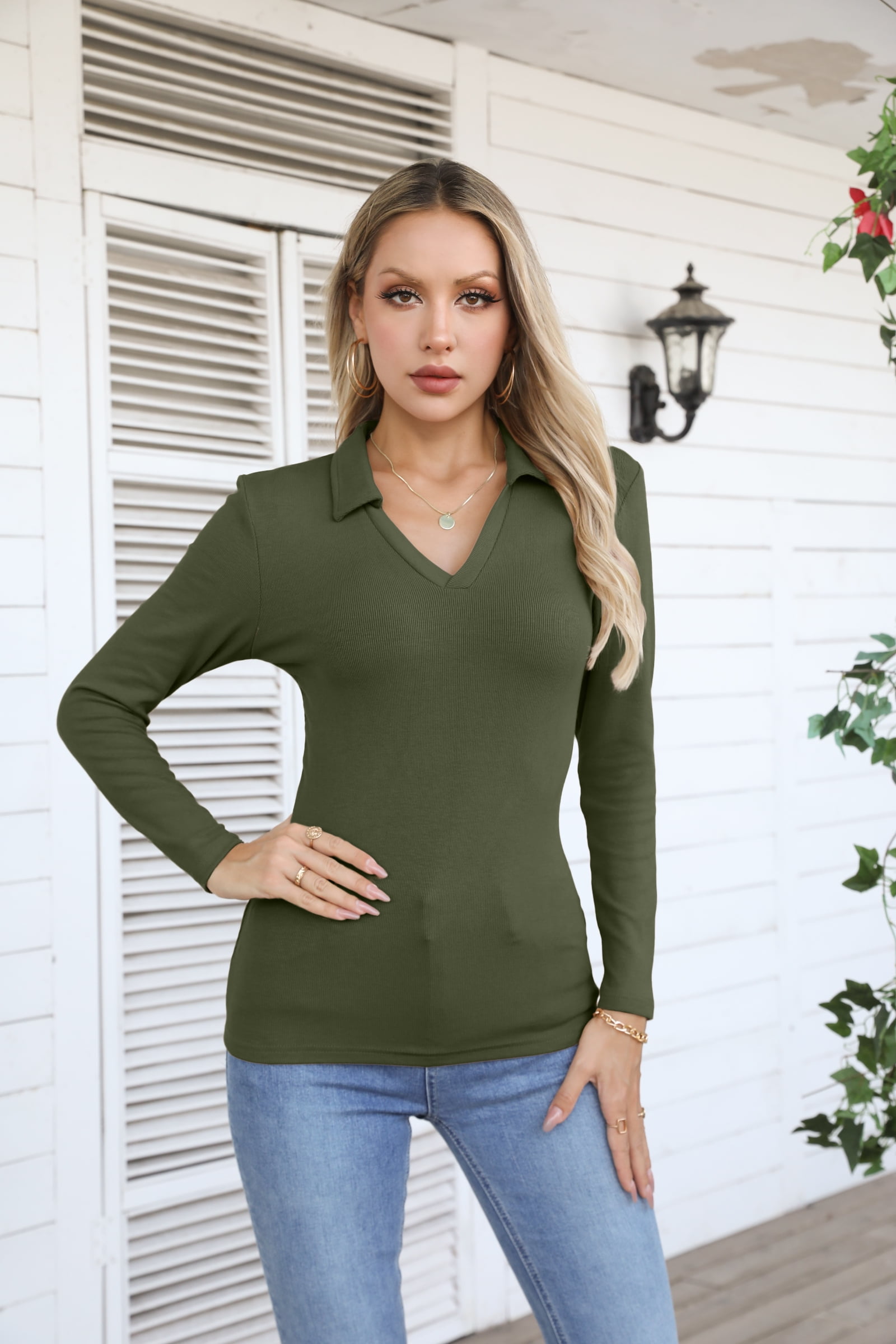 VICHVVY Womens Long Sleeve Shirts Lapel V Neck Slim Fitted Ribbed Knit ...