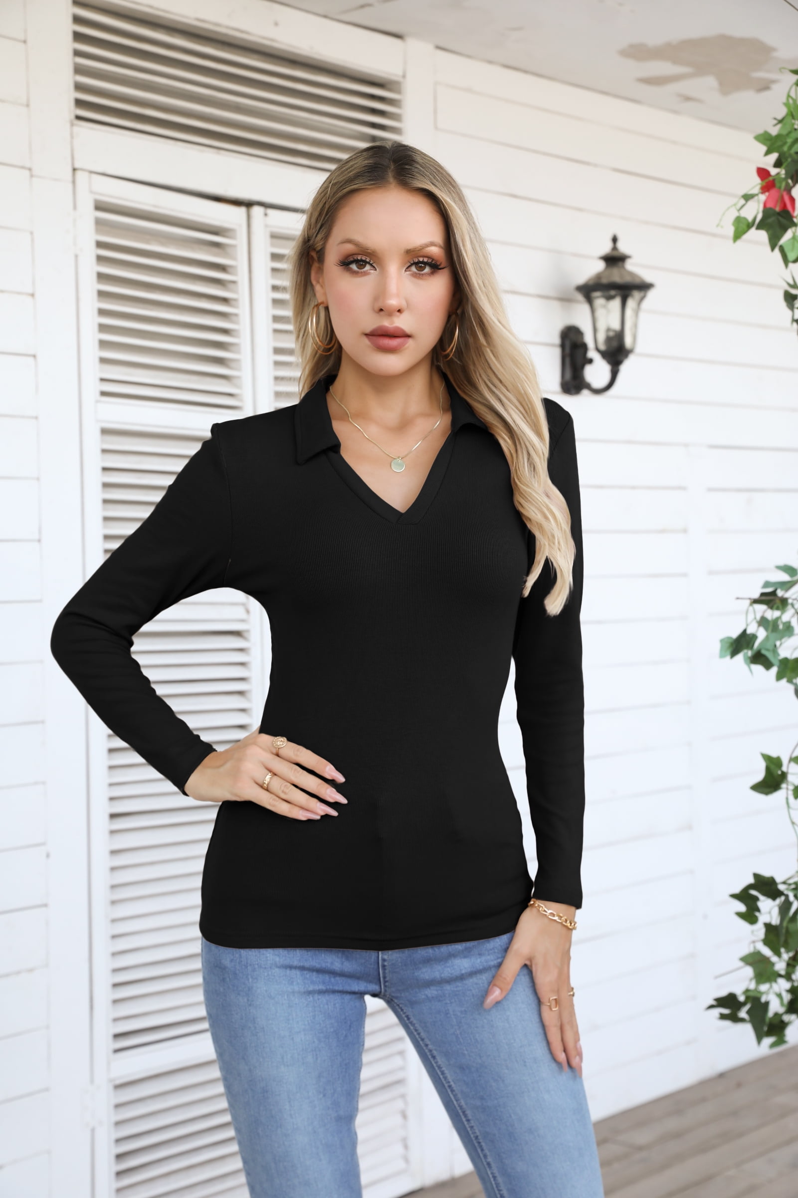 VICHVVY Womens Long Sleeve Shirts Lapel V Neck Slim Fitted Ribbed Knit ...