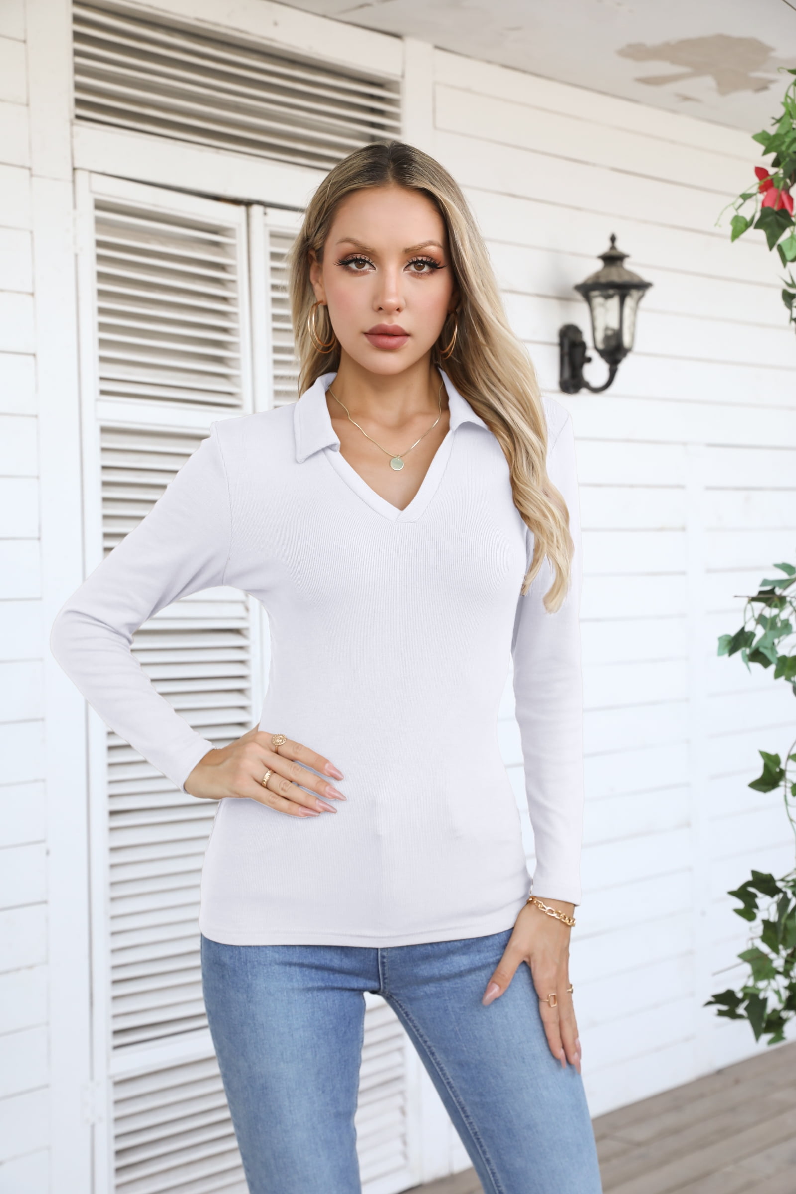 VICHVVY Womens Long Sleeve Shirts Lapel V Neck Slim Fitted Ribbed Knit ...